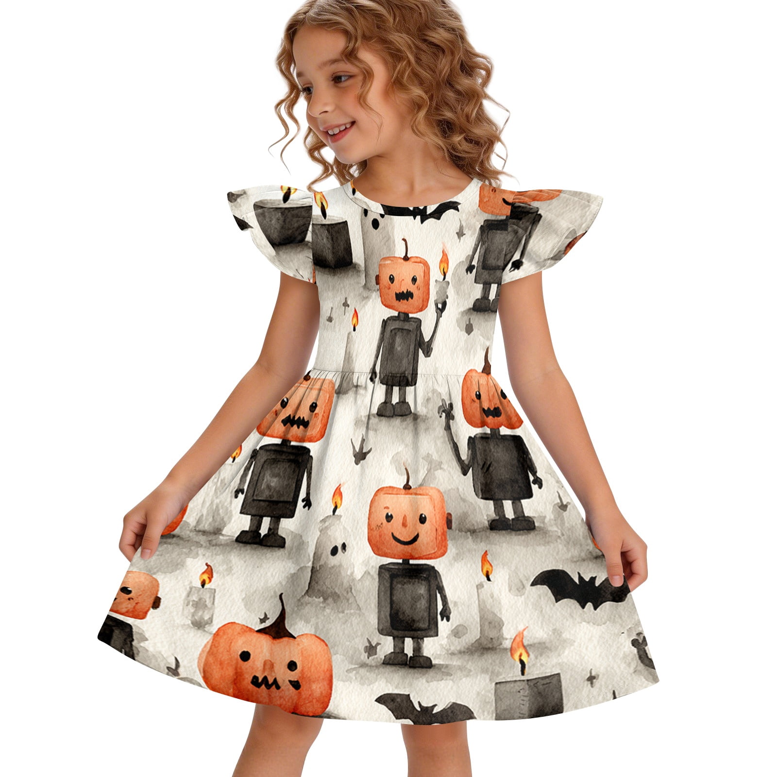 Abcomgle Flutter Sleeve Dress Girls 7-8 Pumpkin Candle Graphic ...