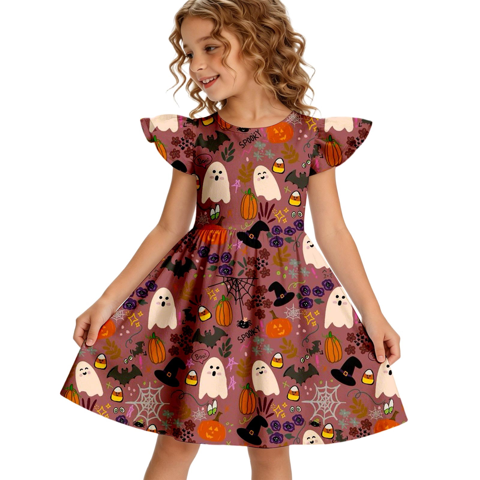 Abcomgle Flutter Sleeve Dress Girls Size6 Ghost Pumpkin Bat Floral ...