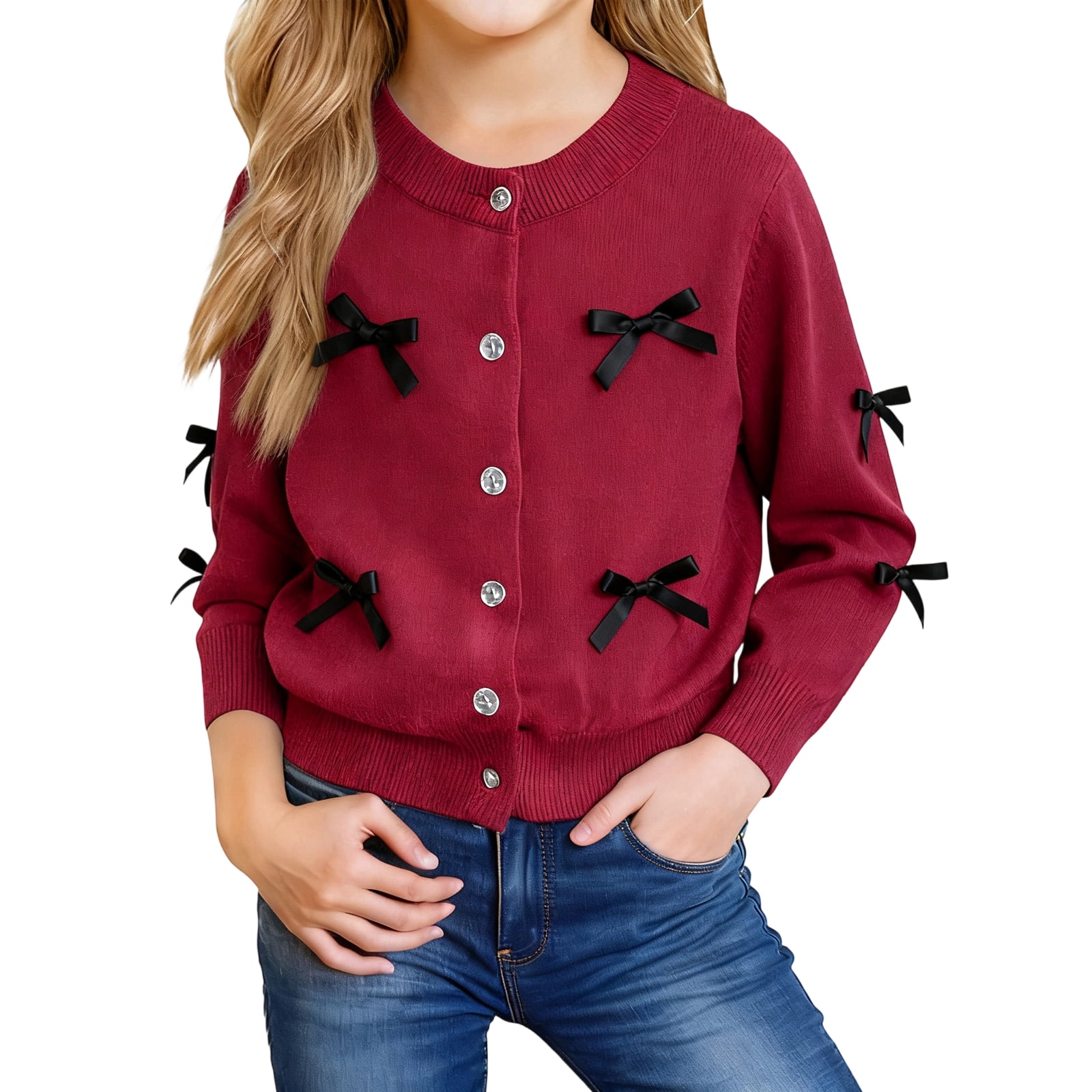 Abcomgle Girl Bow Sweater Cardigan Long Sleeve Crewneck Sweater ...