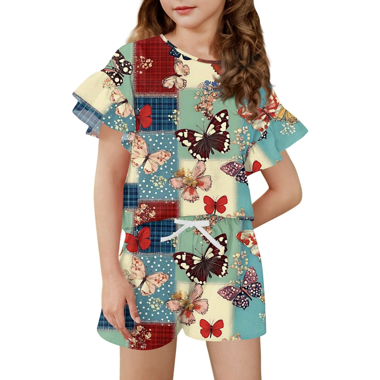 Abcomgle Girls 2 Piece Outfits 4-16 Candy Graphic Ruffle Sleeve Tee Top ...