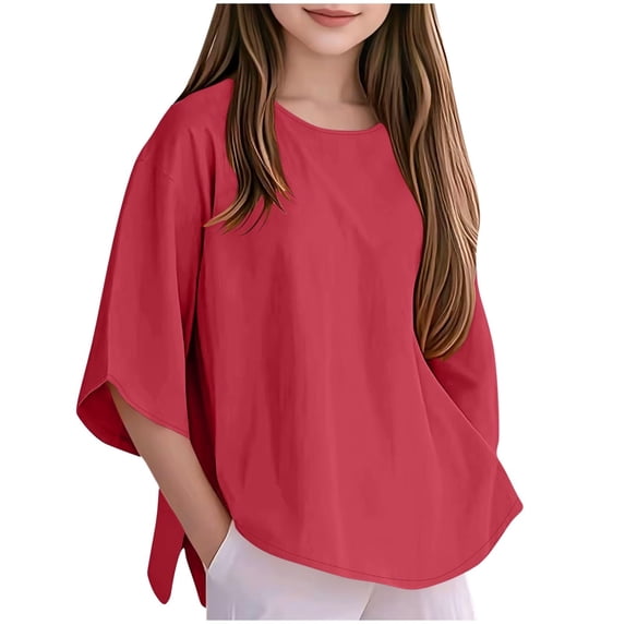 Abcomgle Girls 3/4 Sleeve Tops 7-16 Casual Curve Hem Side Slit T-Shirts ...