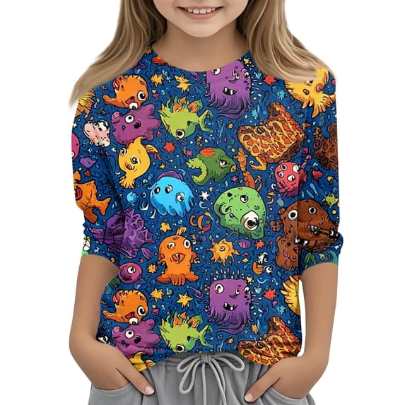 Abcomgle Girls 3/4 Sleeve Tops 7-16 Trendy Marine Life Graffiti ...