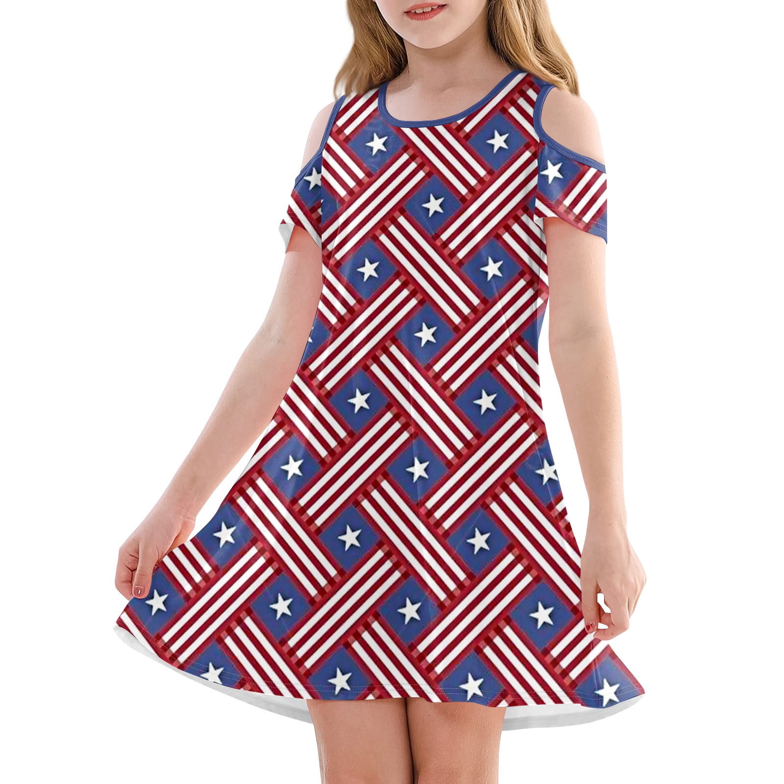 Abcomgle Girls 4th Of July Dress Cold Shoulder Stars and Stripes ...