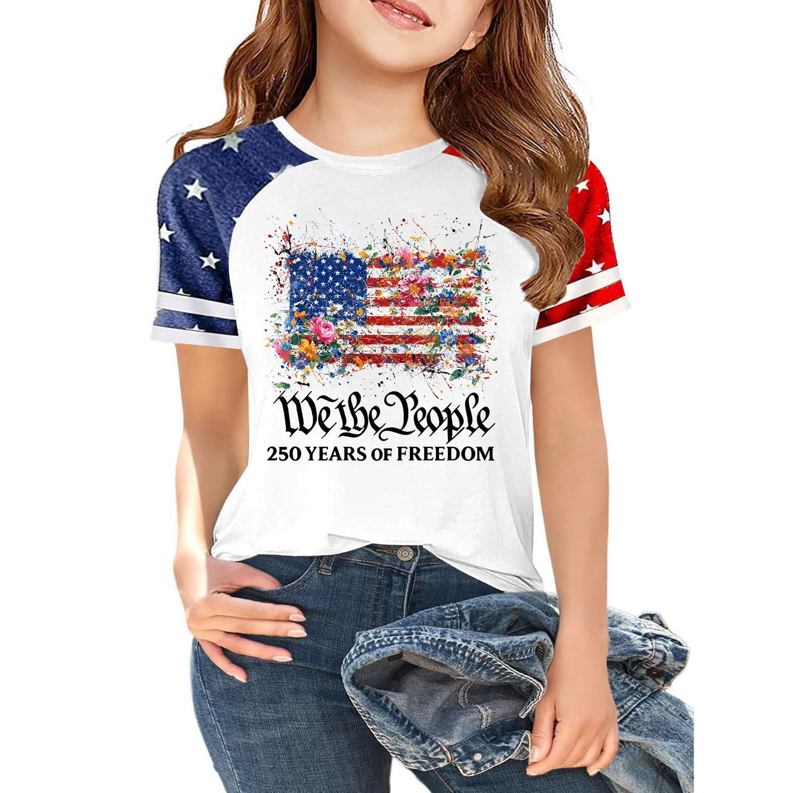Abcomgle Girls American Flag Shirts America Flag WE THE PEOPLE Floral ...