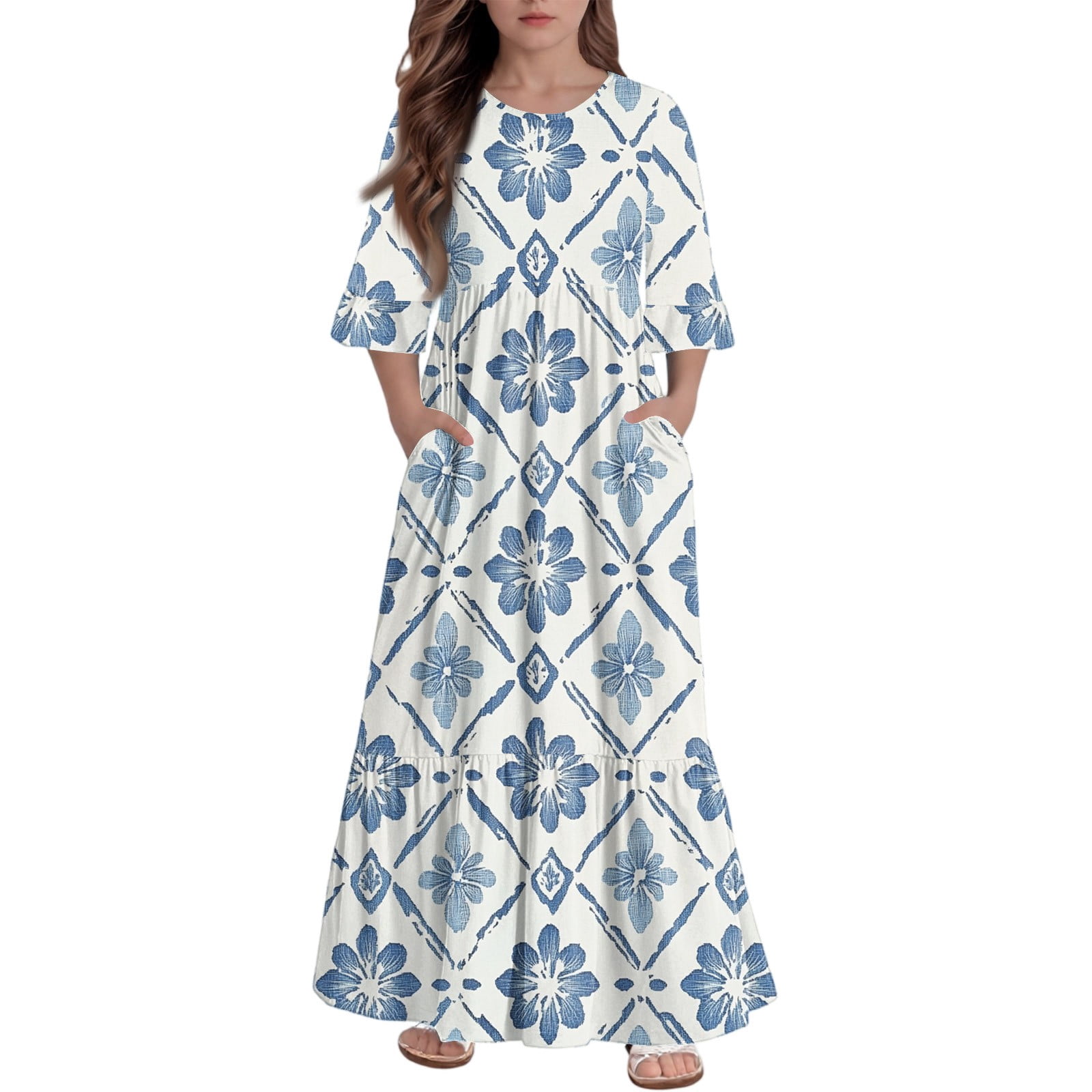 Abcomgle Girls Beach Dress Casual A-Line 3/4 Sleeve Maxi Dress Vintage ...