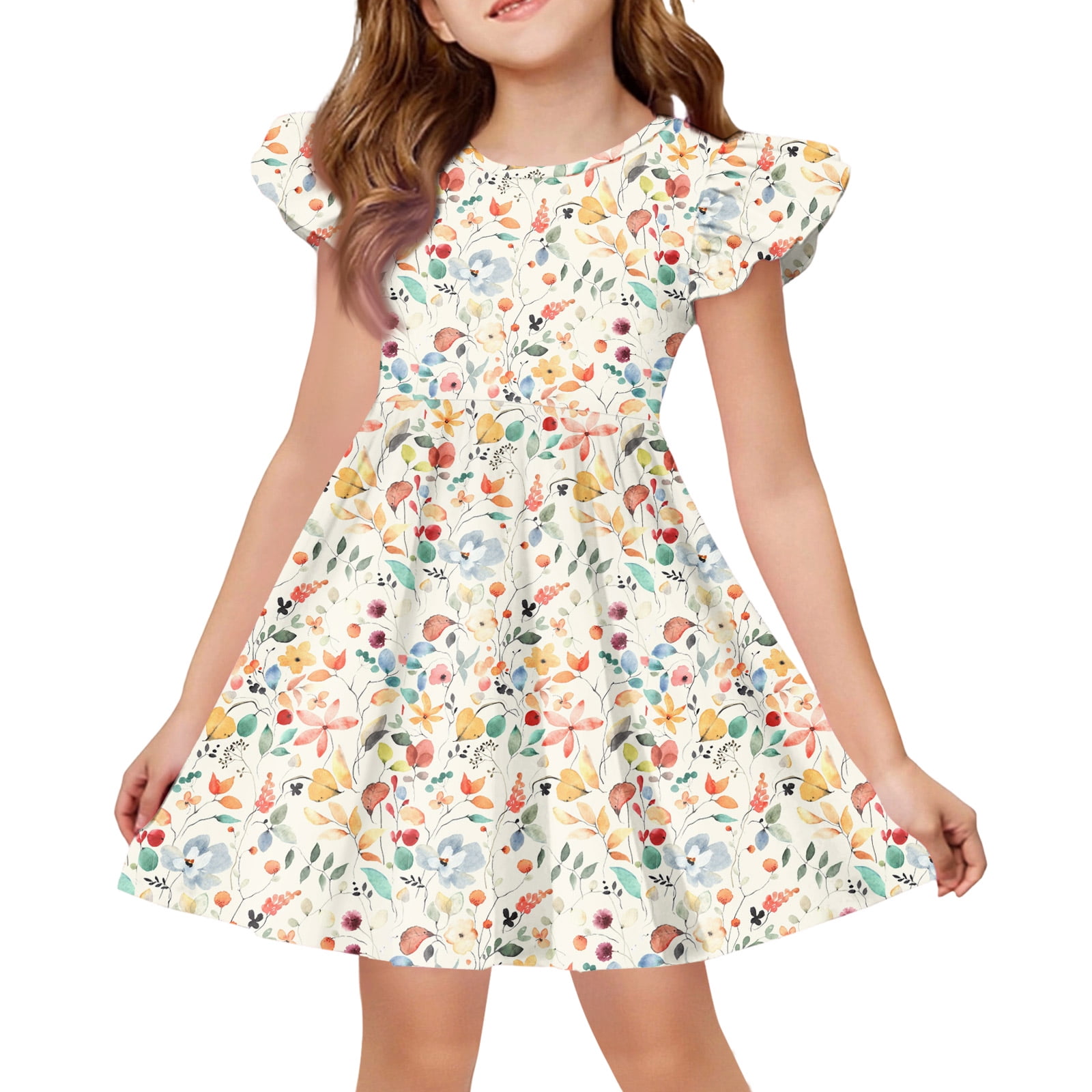 Abcomgle Girls Beach Dress Casual A-Line Flutter Sleeve Midi Dress ...