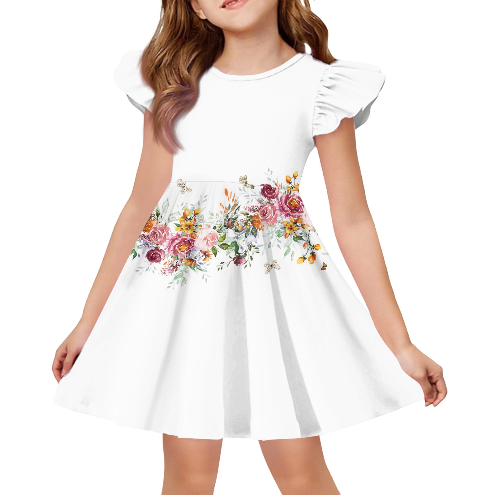 Abcomgle Girls Beach Dress Casual A-Line Flutter Sleeve Midi Dress ...