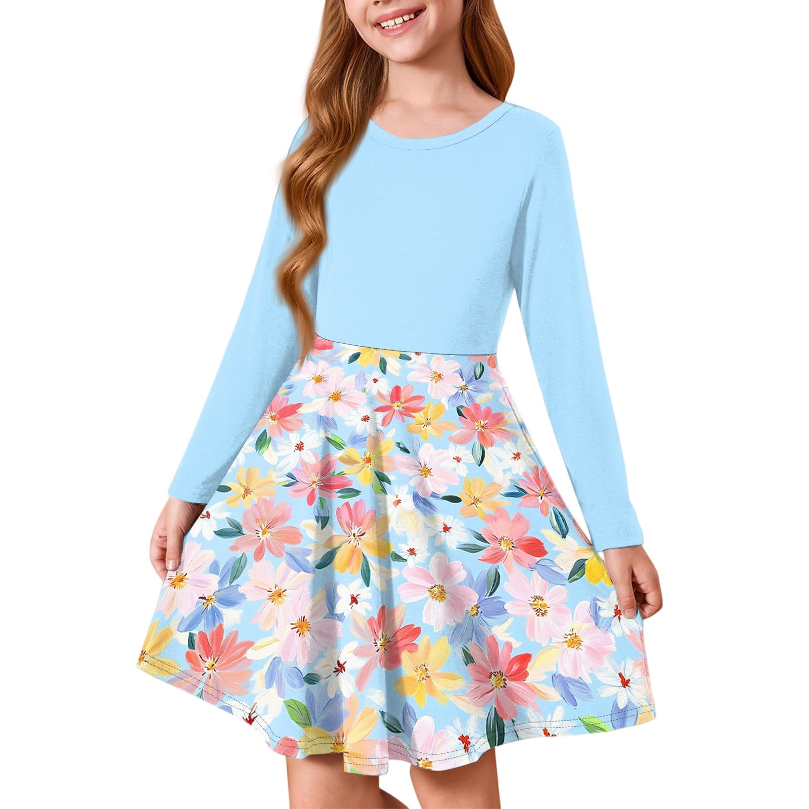 Abcomgle Girls Beach Dress Casual A-Line Long Sleeve Tshirt Dress ...