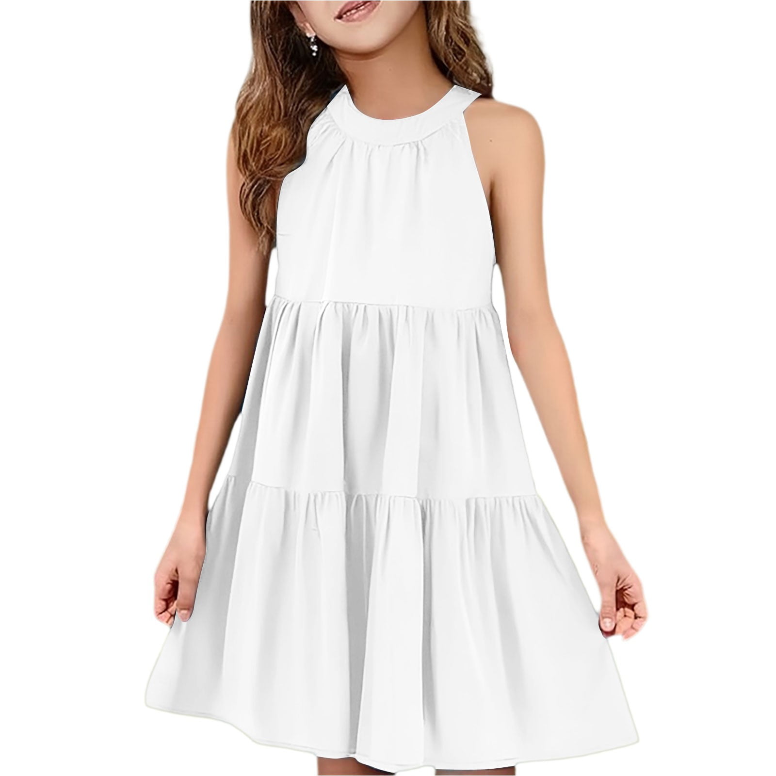 Abcomgle Girls Beach Dress Casual Halter Neck Sleeveless Girls Dresses ...