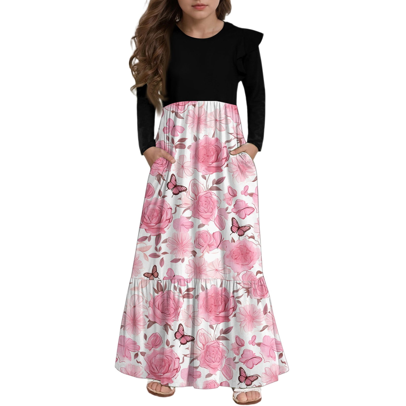 Abcomgle Girls Beach Dress Casual Patchwork Ruffle Long Sleeve Girls ...