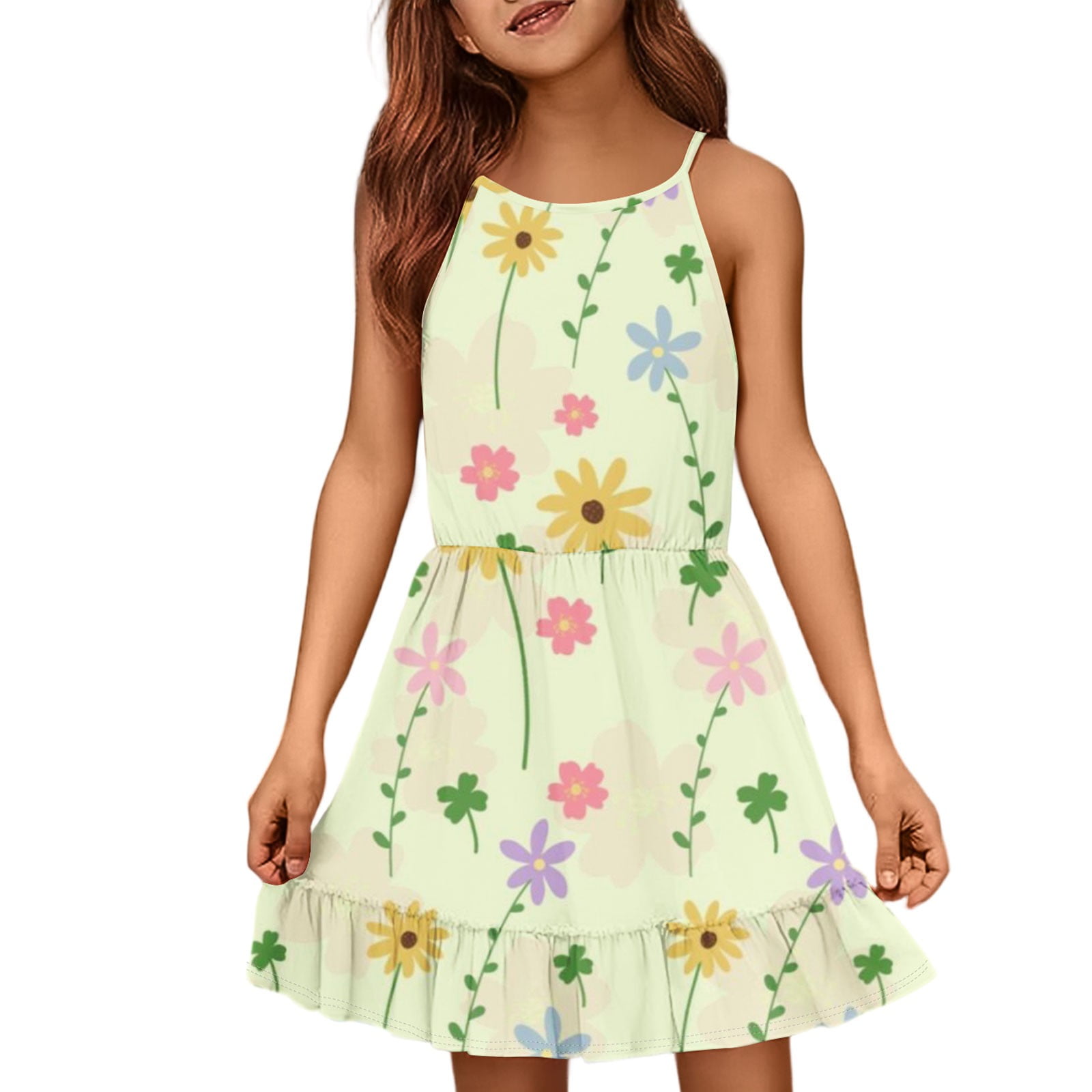 Abcomgle Girls Beach Dress Casual Spaghetti Strap Sleeveless Girls Midi ...