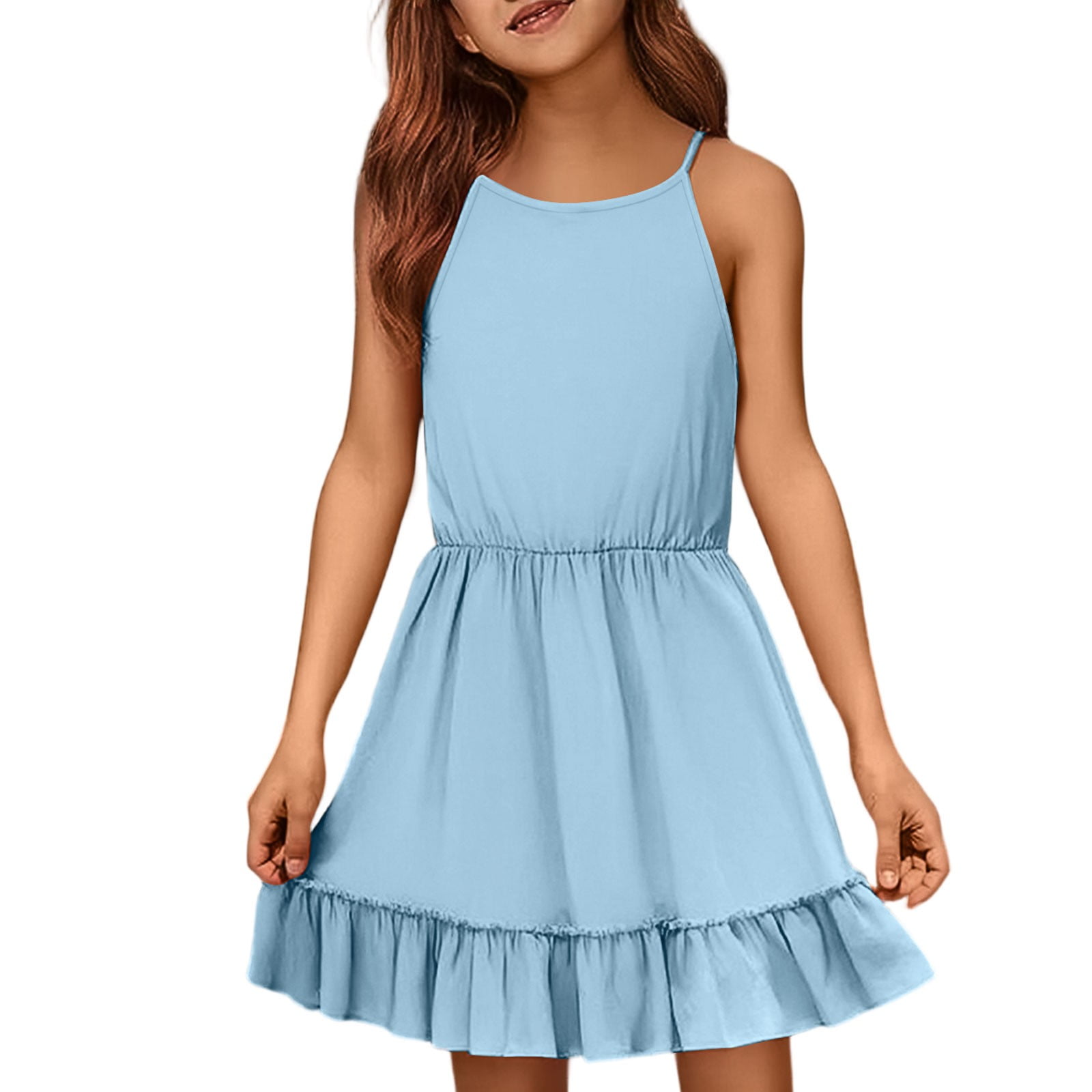 Abcomgle Girls Beach Dress Casual Spaghetti Strap Sleeveless Girls Midi ...