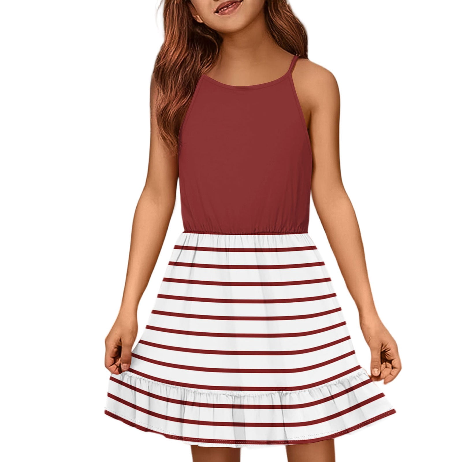 Abcomgle Girls Beach Dress Casual Spaghetti Strap Sleeveless Girls Midi ...