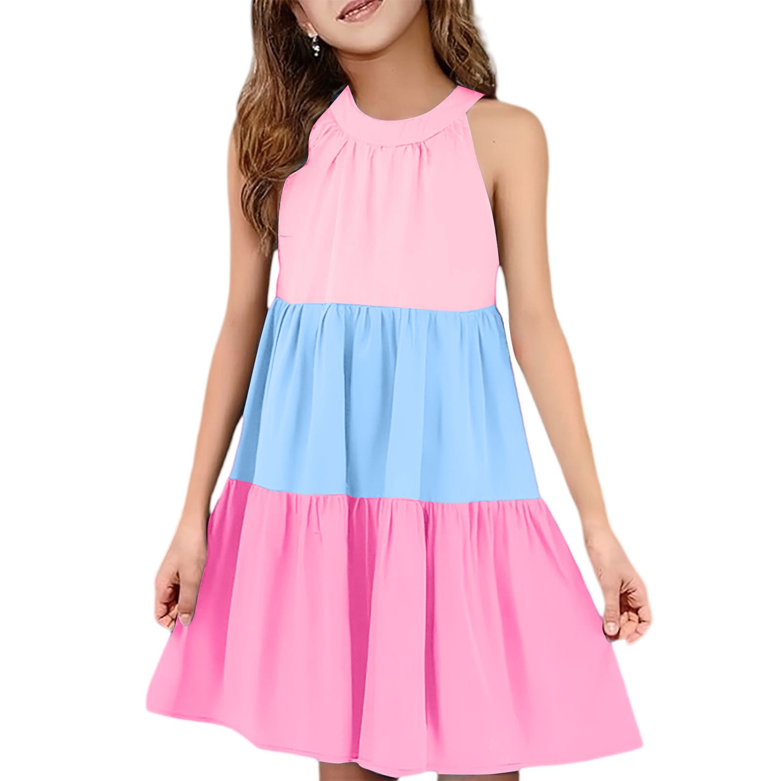 Abcomgle Girls Beach Dress Colorblock Halter Neck Sleeveless Midi Dress ...