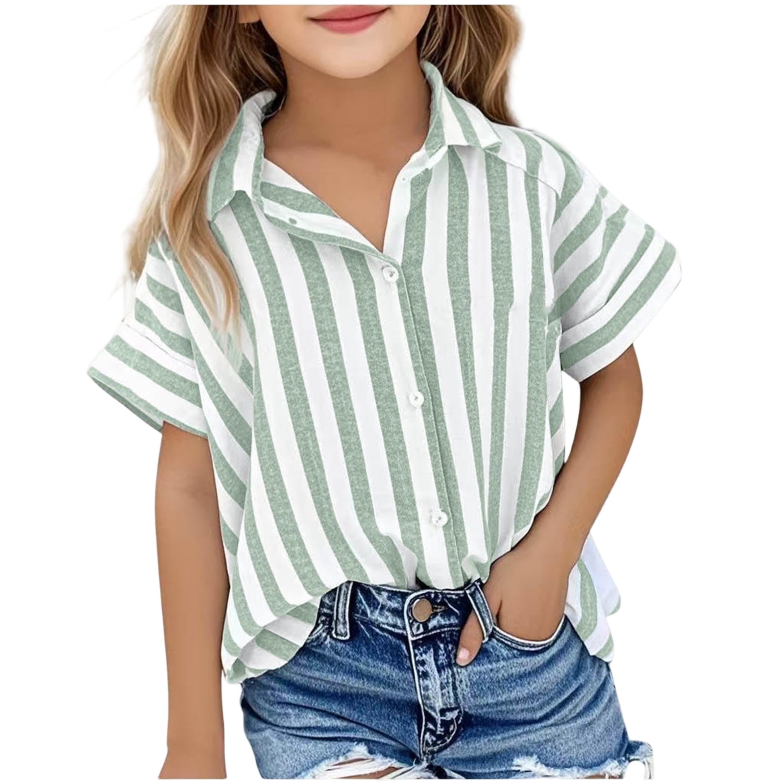 Abcomgle Girls Button Down Shirts Roll Up Short Sleeve Collared Striped ...