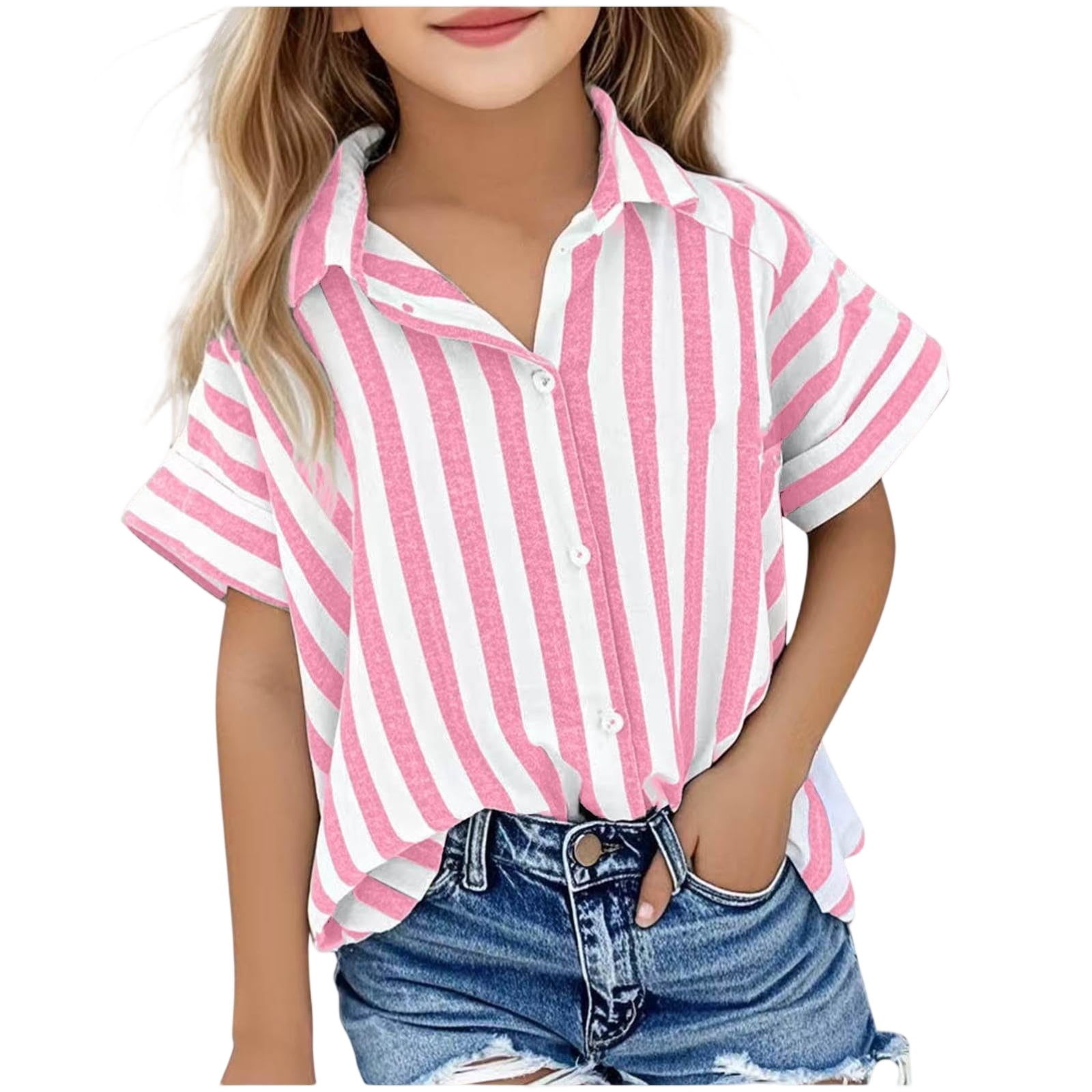 Abcomgle Girls Button Down Shirts Roll Up Short Sleeve Collared Striped ...