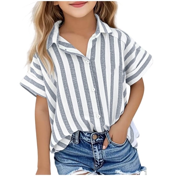 Abcomgle Girls Button Down Shirts 4-16 Roll Up Short Sleeve Collared ...