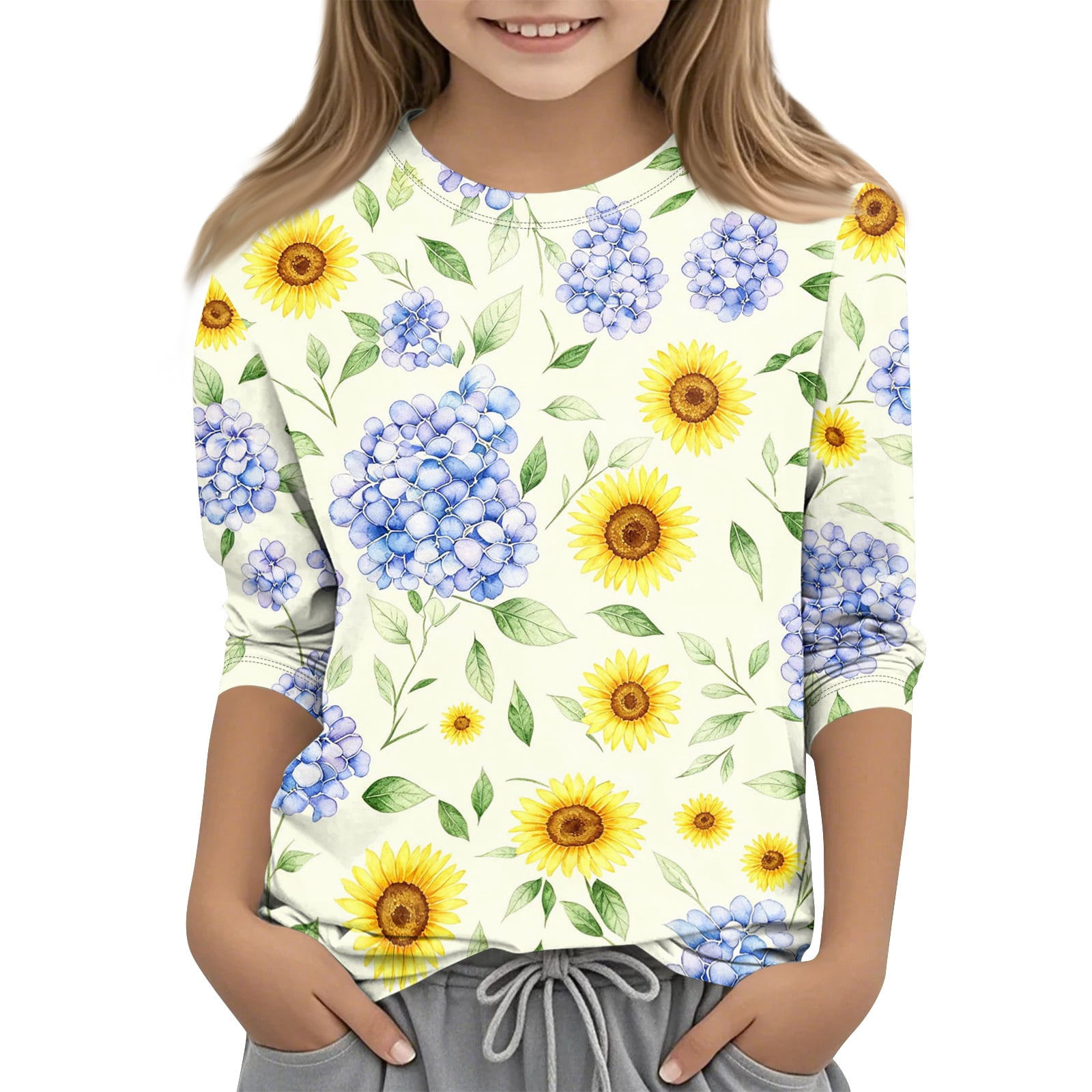 Abcomgle Girls Casual Tshirts Crewneck Sunflower Hydrangea Print Girls ...
