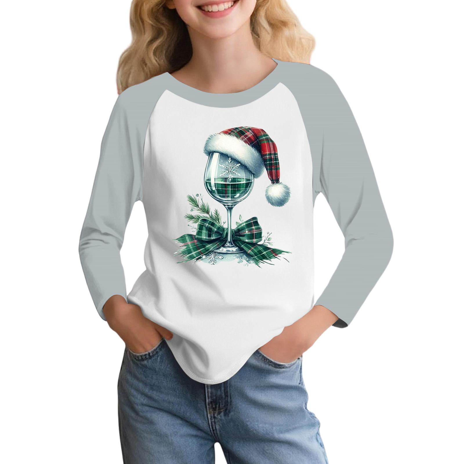 Abcomgle Girls Christmas Shirts 5t Cute Wine Glasses Santa Hat T-Shirts ...
