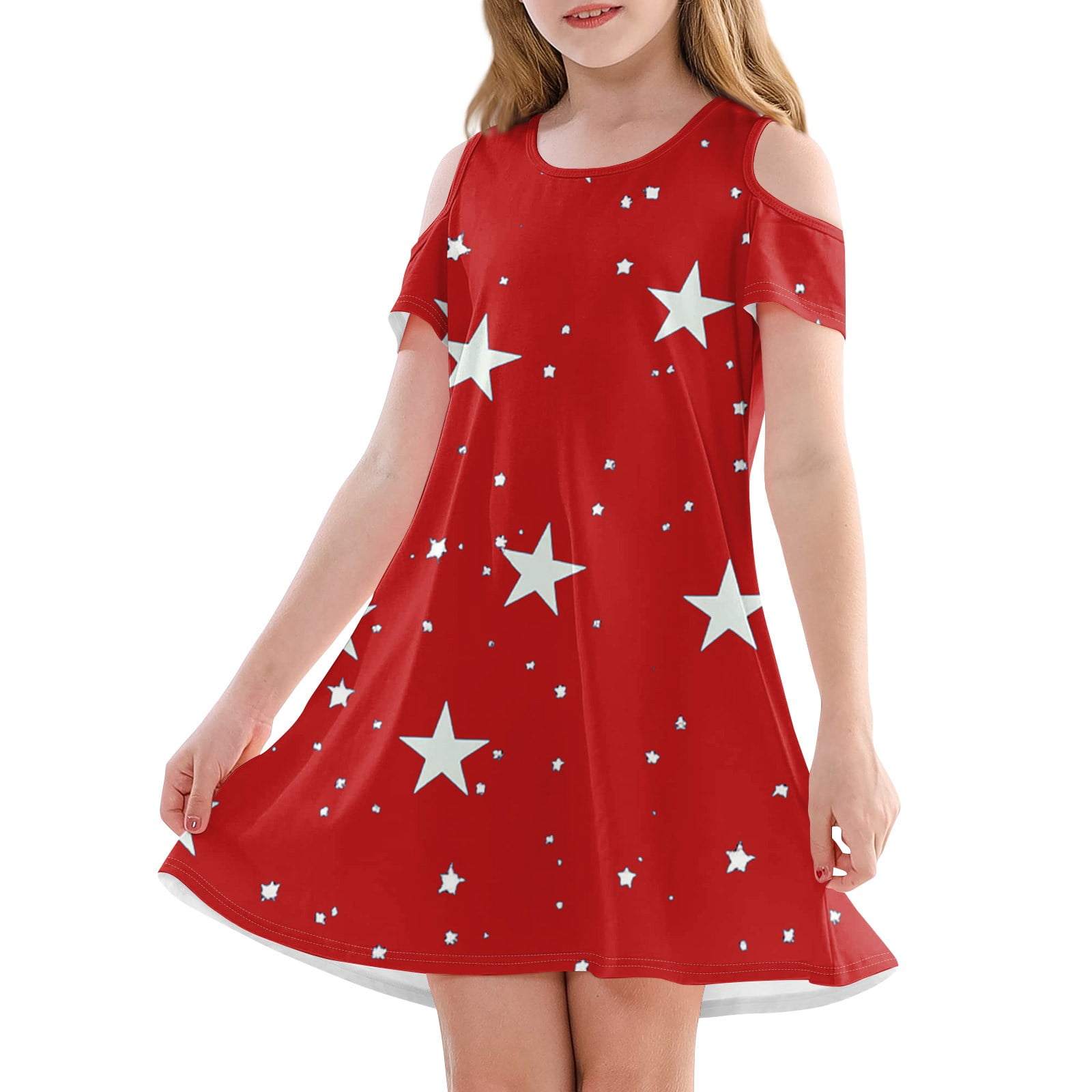 Abcomgle Girls Cold Shoulder Dresses American Flag Stars Printed 4th Of ...