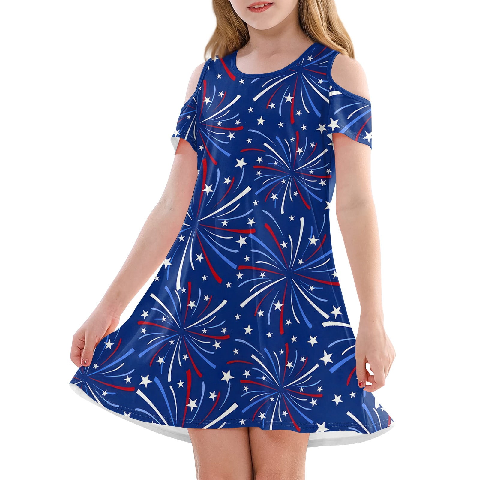 Abcomgle Girls Cold Shoulder Dresses Red White and Blue Firework ...