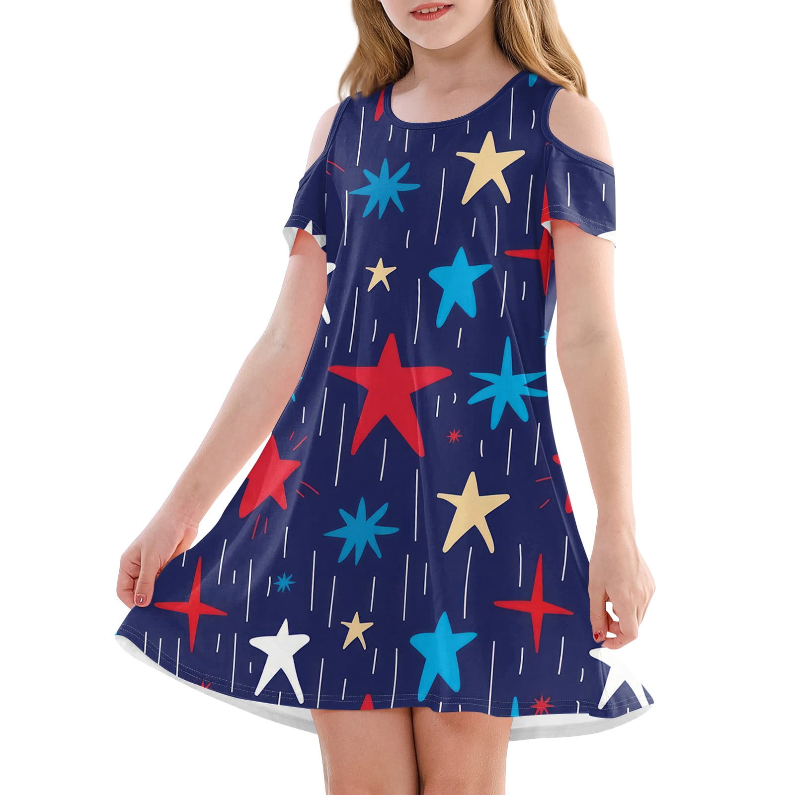 Abcomgle Girls Cold Shoulder Dresses Red White and Blue Firework ...