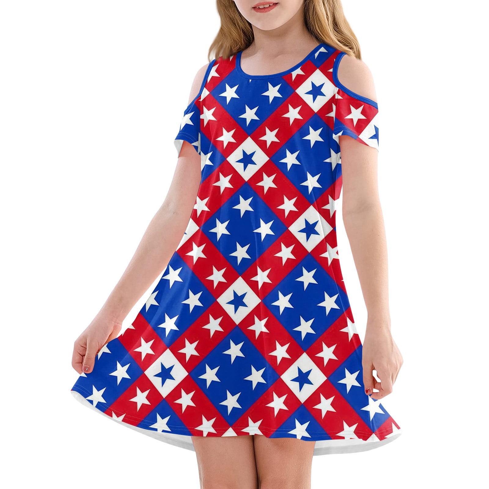 Abcomgle Girls Cold Shoulder Dresses Stars and Stripes Graphic 4th Of ...