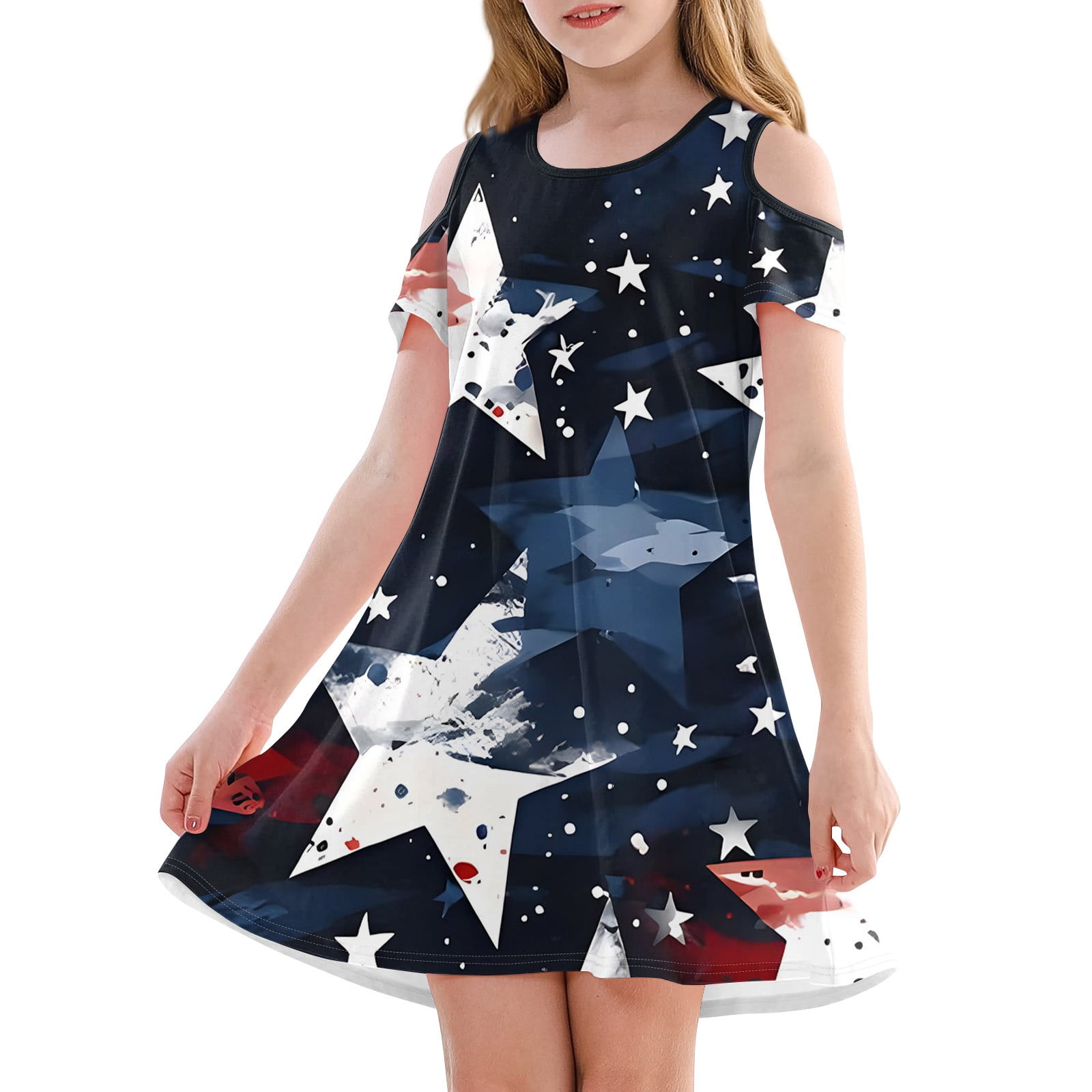 Abcomgle Girls Cold Shoulder Dresses Stars and Stripes Graphic 4th Of ...