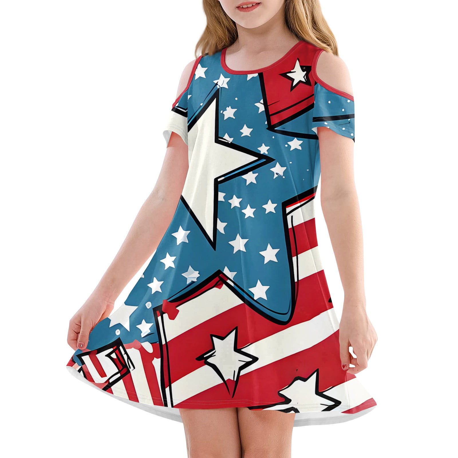 Abcomgle Girls Cold Shoulder Dresses Stars and Stripes Graphic 4th Of ...