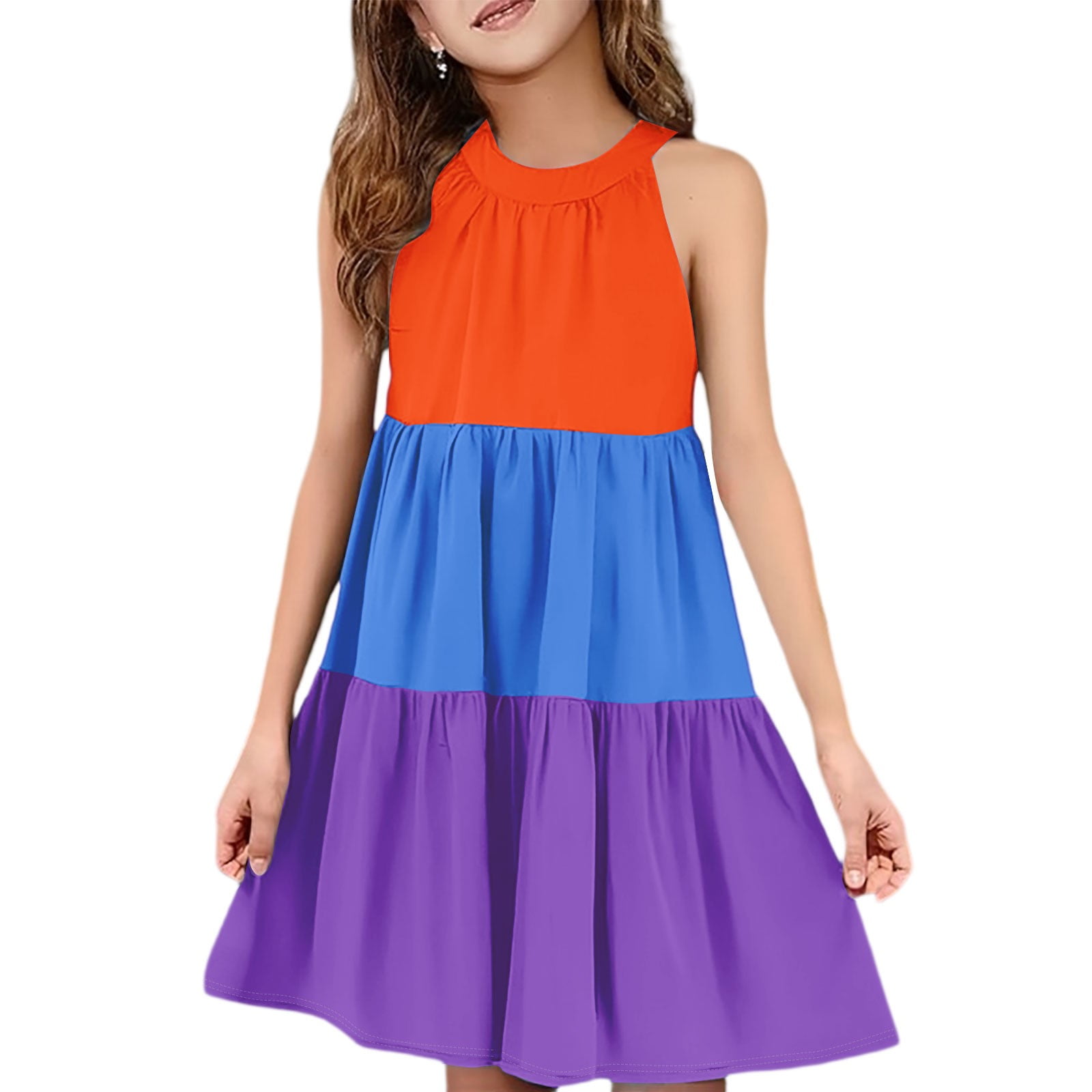Abcomgle Summer Dress for Girls Colorblock Halter Neck Sleeveless Tank ...