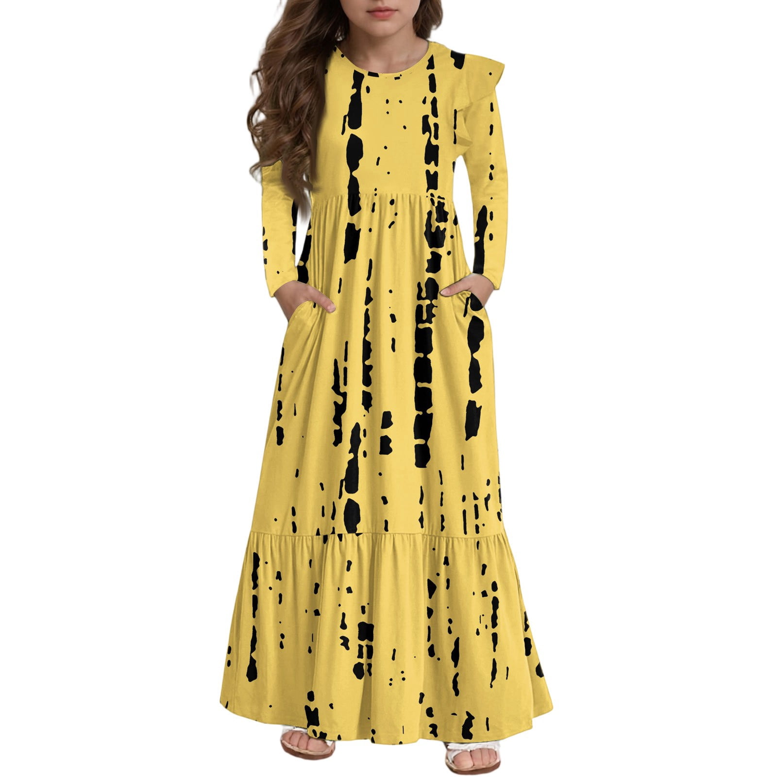 Abcomgle Girls Dresses Size 10-12 Casual A-Line Ruffle Long Sleeve Maxi ...