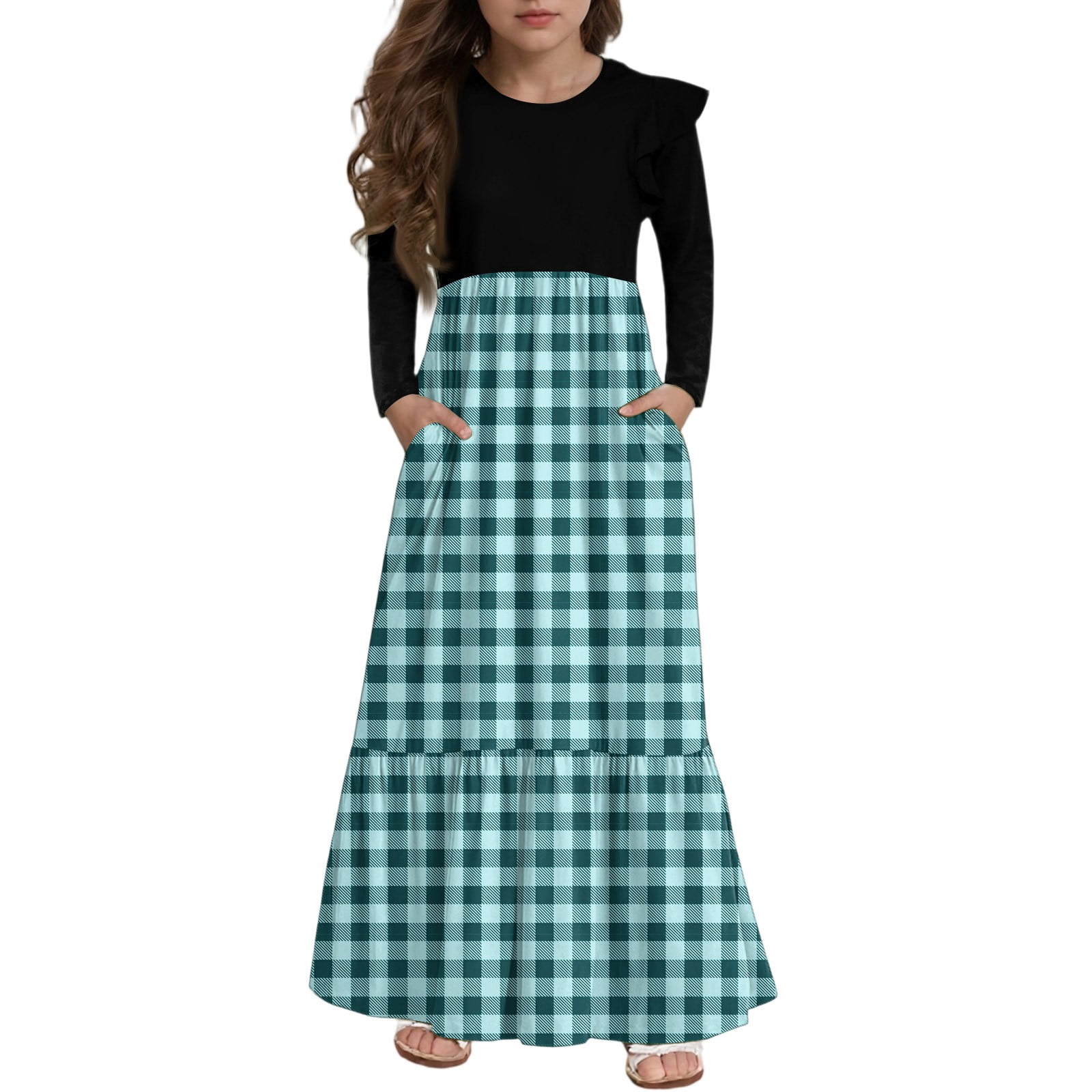 Abcomgle Girls Dresses Size 10-12 Casual Patchwork Ruffle Long Sleeve ...