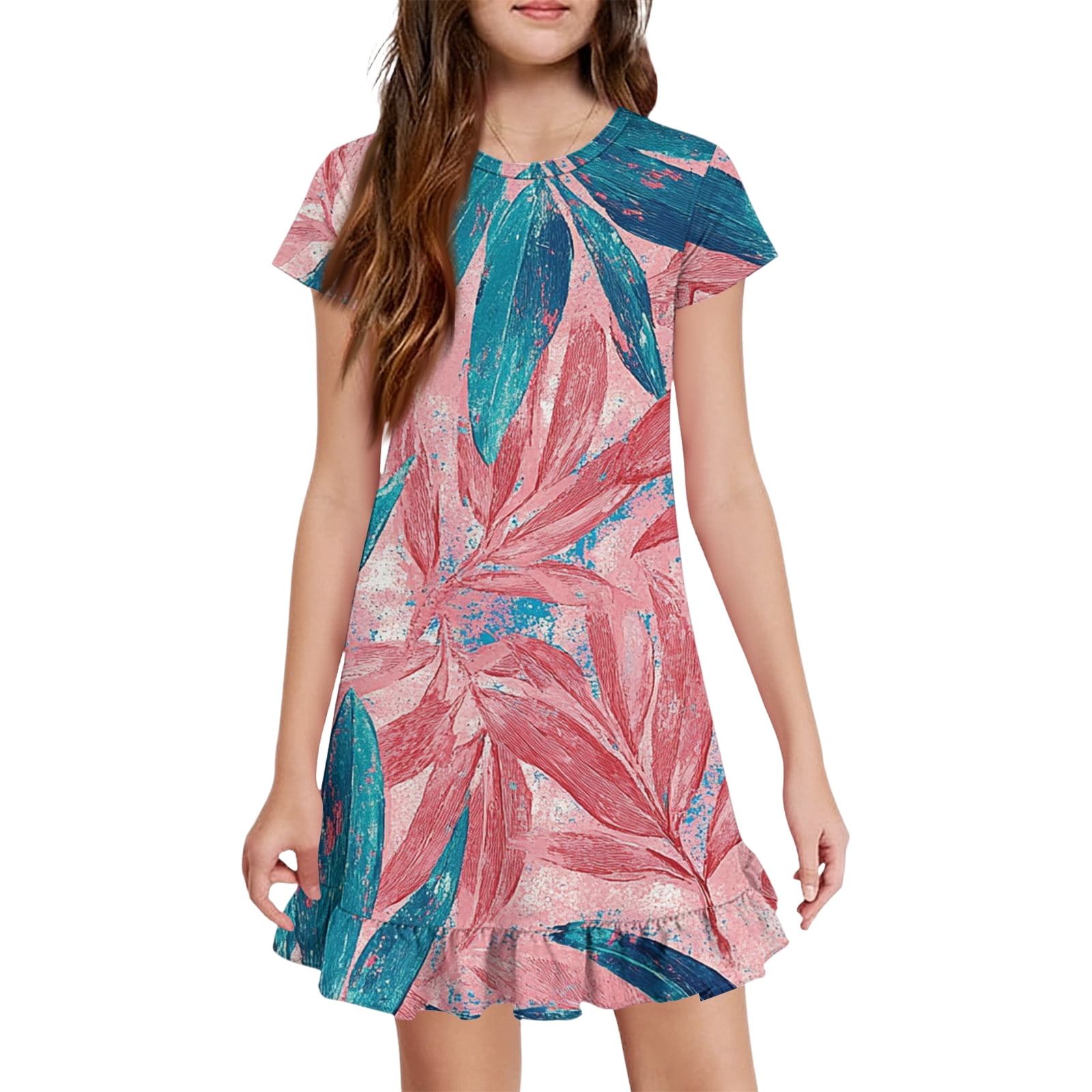 Abcomgle Girls Dresses Size 10-12 Casual Ruffle Hem Short Sleeve Midi ...