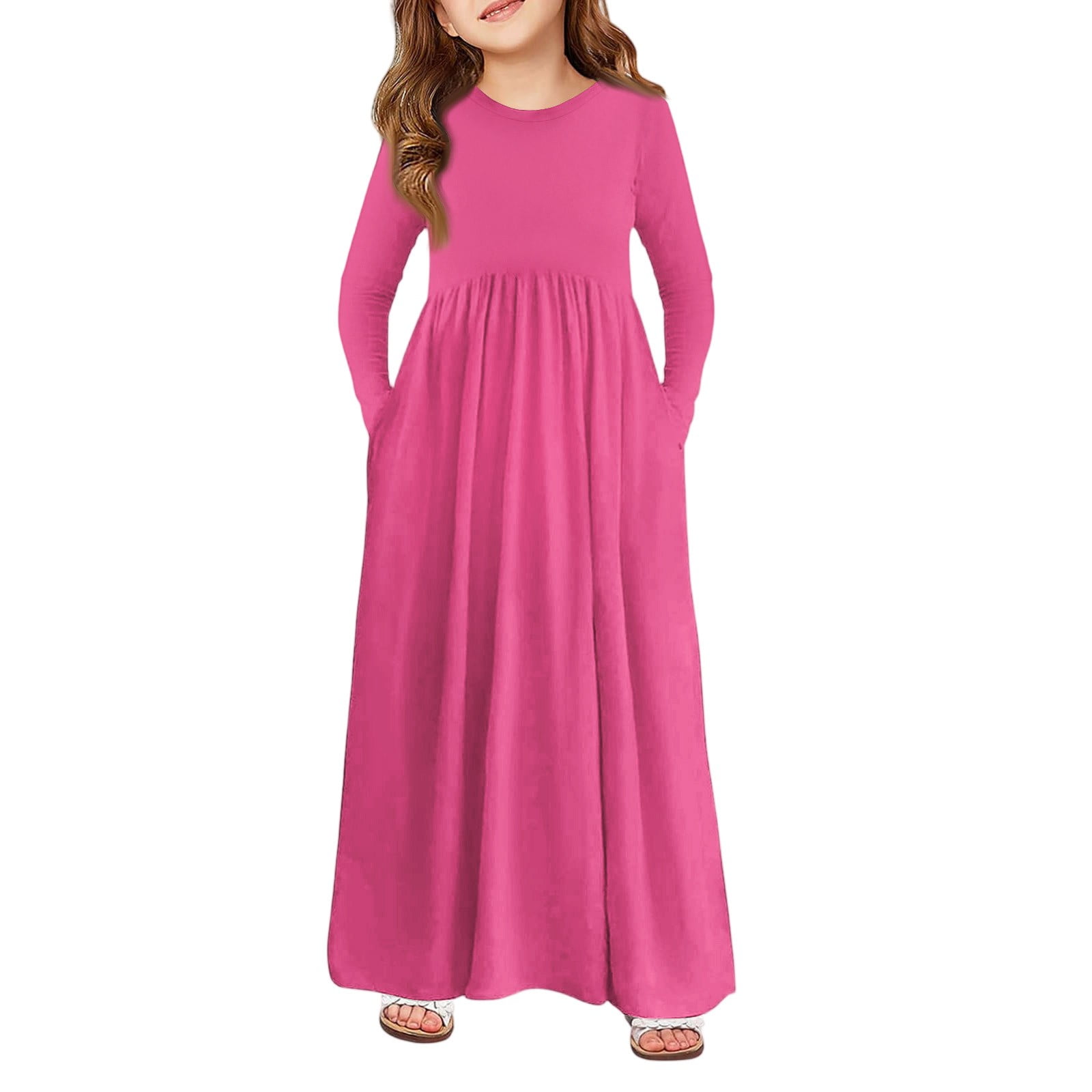 Abcomgle Girls Fall Dress Casual A-Line Long Sleeve Maxi Dress Solid ...