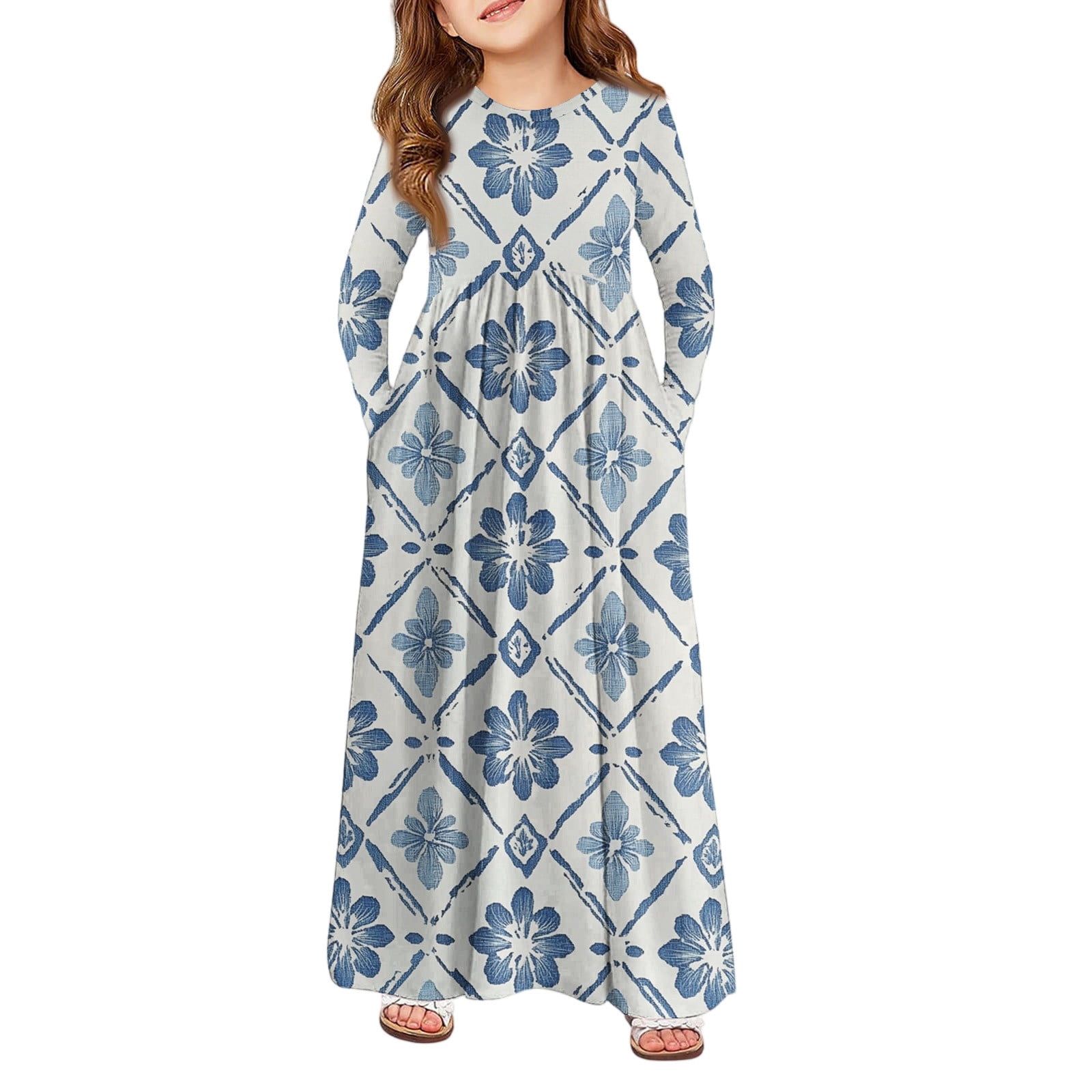 Abcomgle Girls Fall Dress Casual A-Line Long Sleeve Maxi Dress Vintage ...