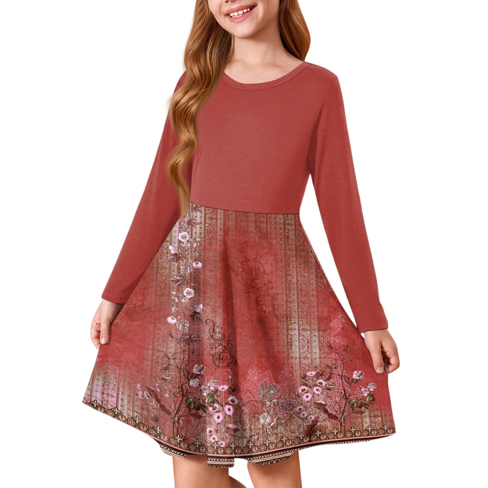 Abcomgle Girls Fall Dress Size Kids Casual A-Line Long Sleeve Tshirt ...
