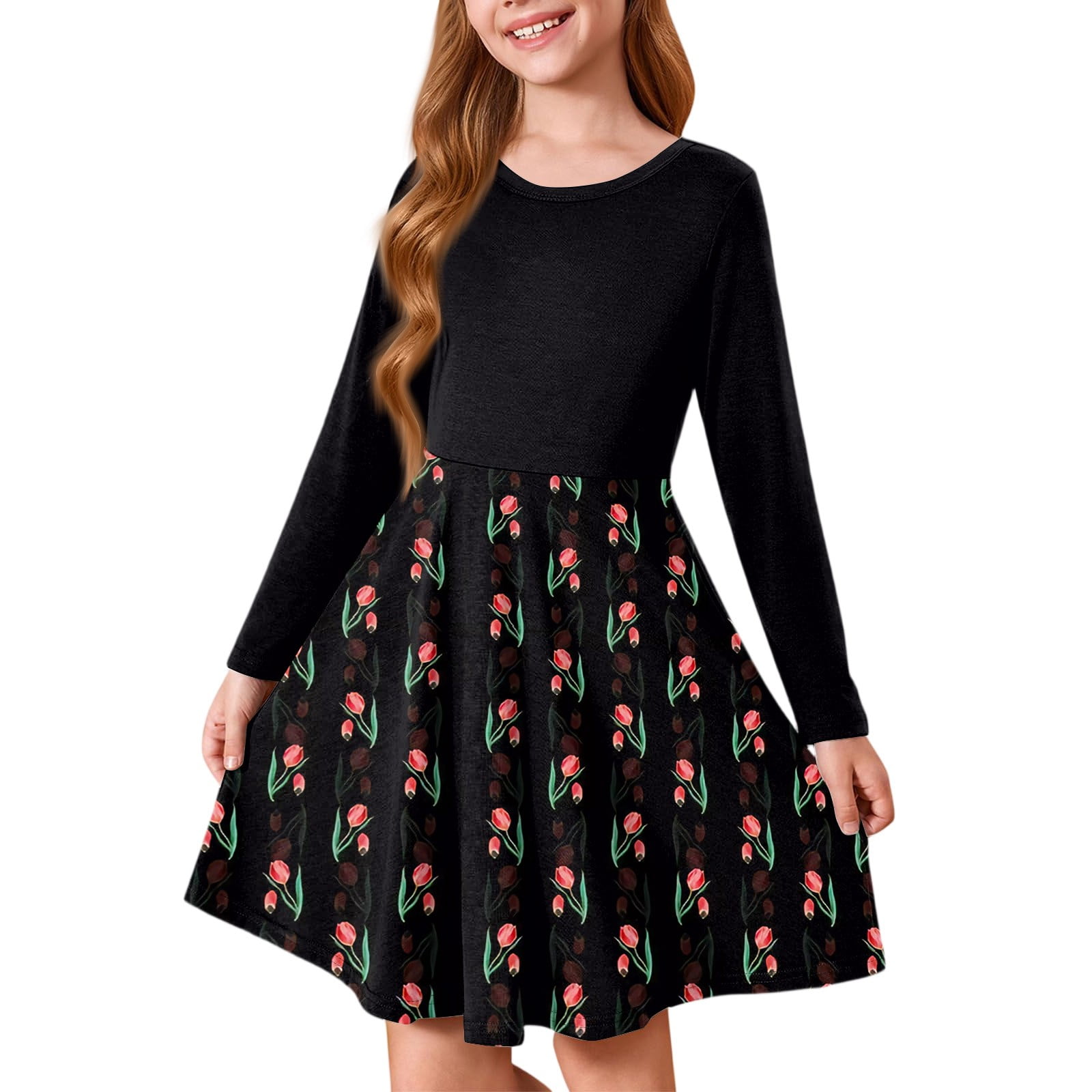 Abcomgle Girls Fall Dress Size Size 7-8 Casual A-Line Long Sleeve Girls ...