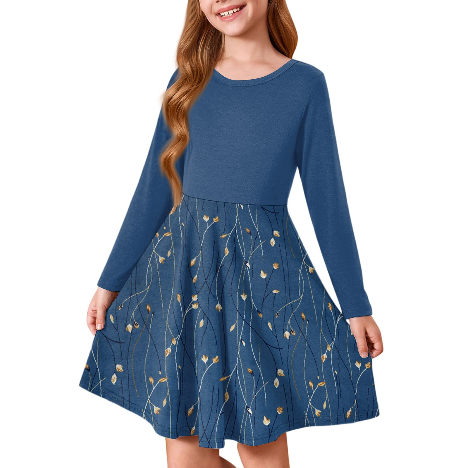 Abcomgle Girls Fall Dress Size Size 7-8 Casual A-Line Long Sleeve Girls ...