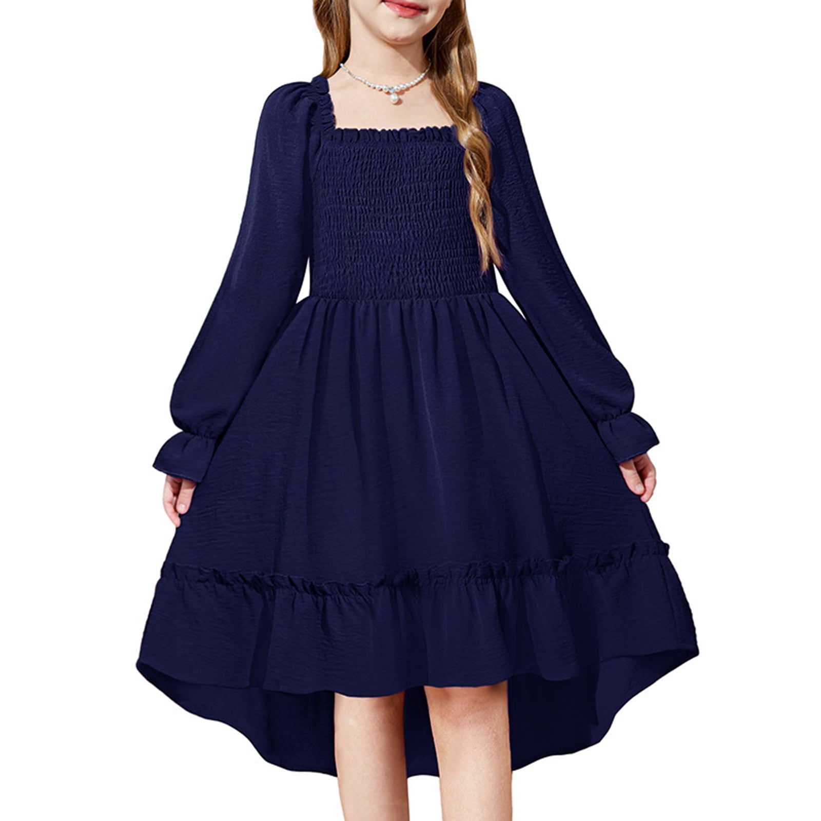 Abcomgle Girls Fall Dresses 7-8 High Low Smocked Puff Sleeve Girls Midi ...