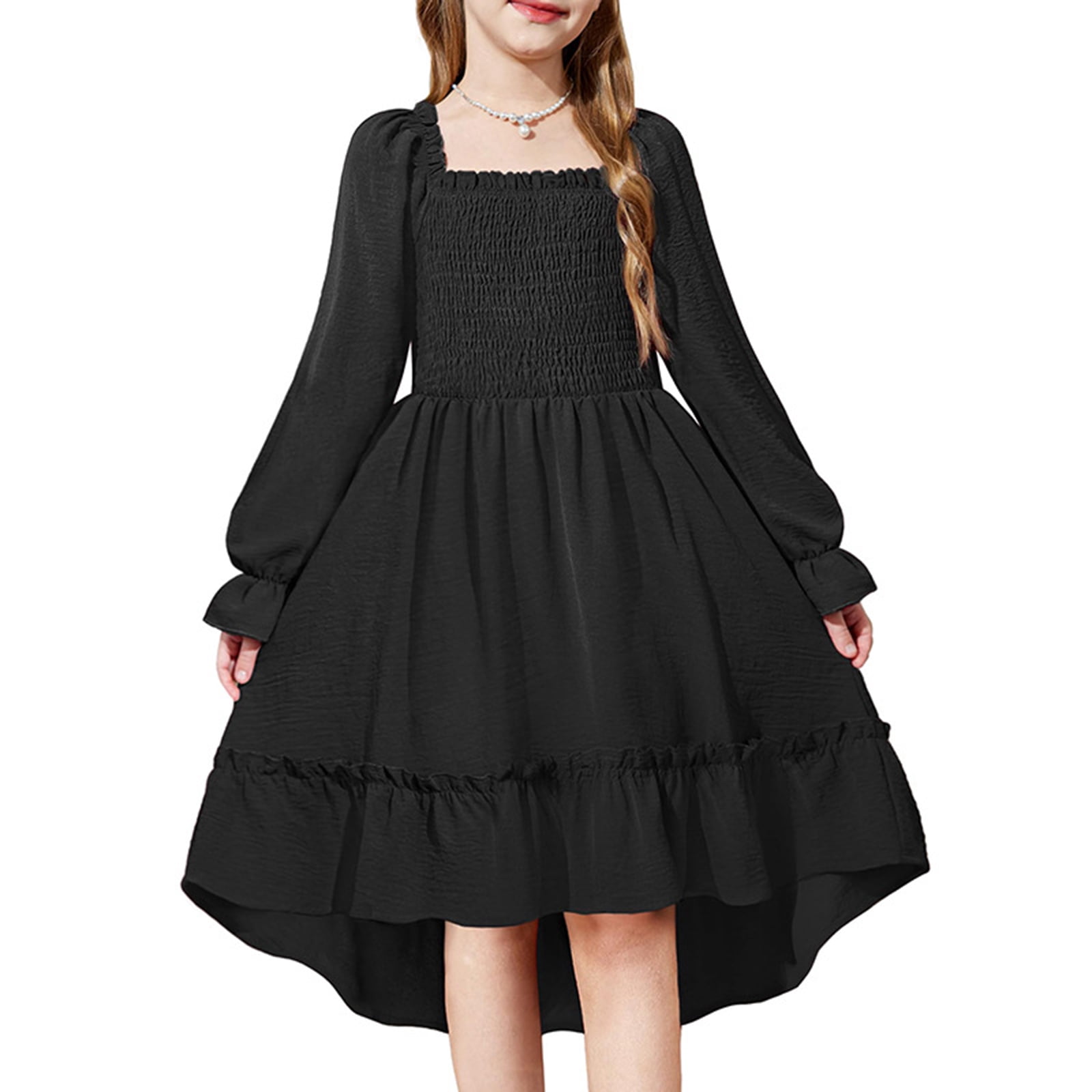 Abcomgle Girls Fall Dresses 7-8 High Low Smocked Puff Sleeve Girls Midi ...