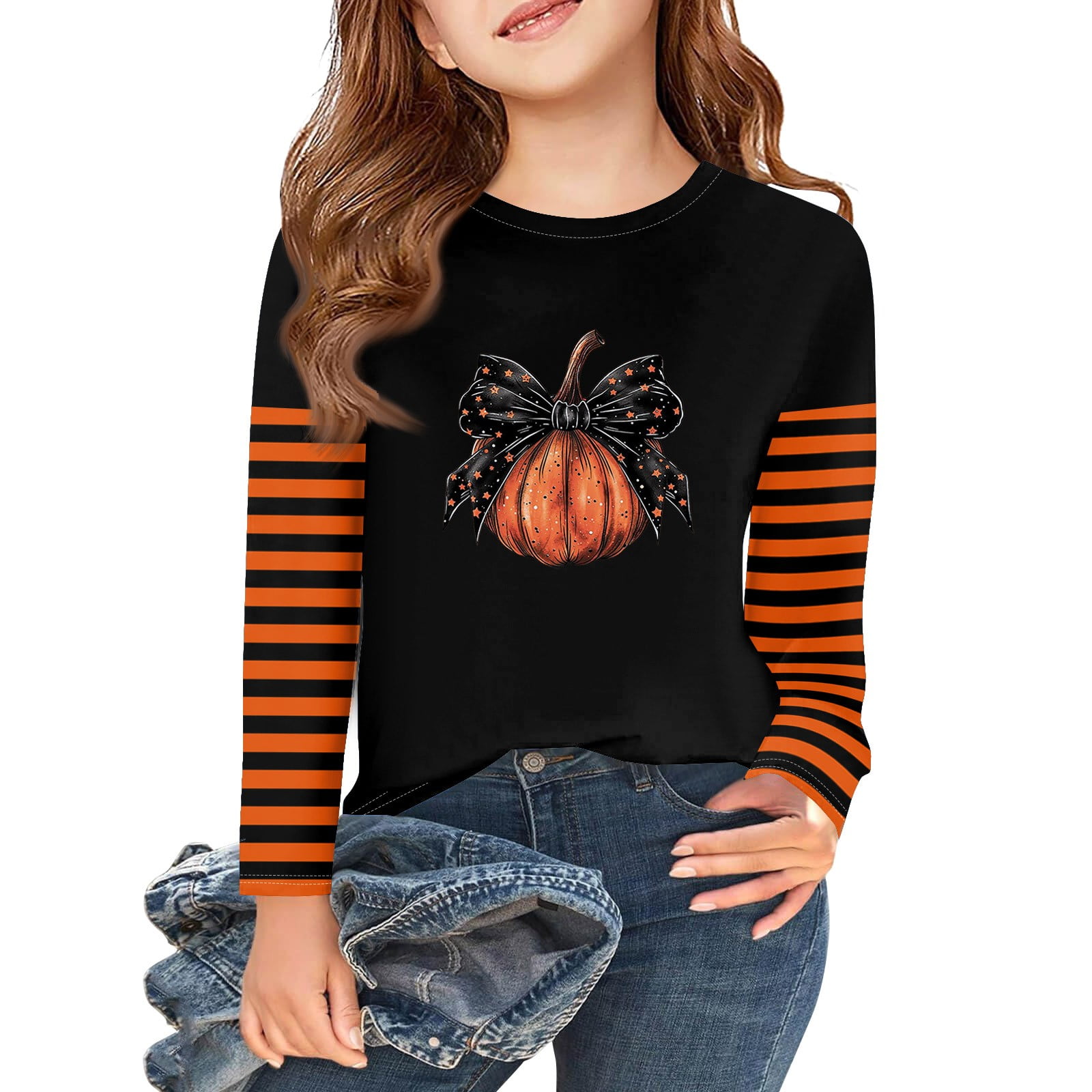 Abcomgle Girls Halloween Shirts 5t Spooky Bow Pumpkin Graphic Tshirts ...