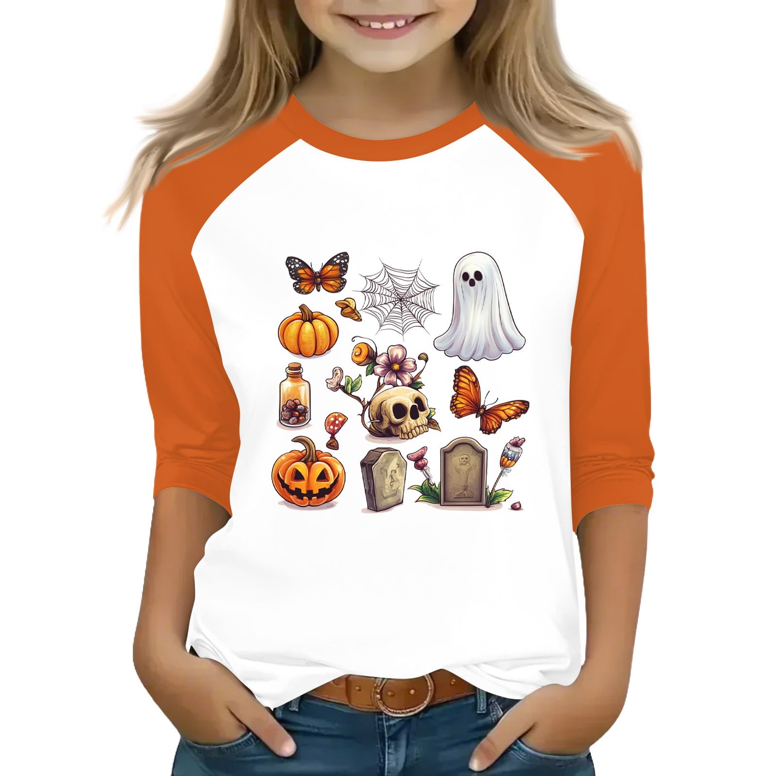 Abcomgle Girls Halloween Shirts Size 14 Spooky Bow Pumpkin Graphic T ...
