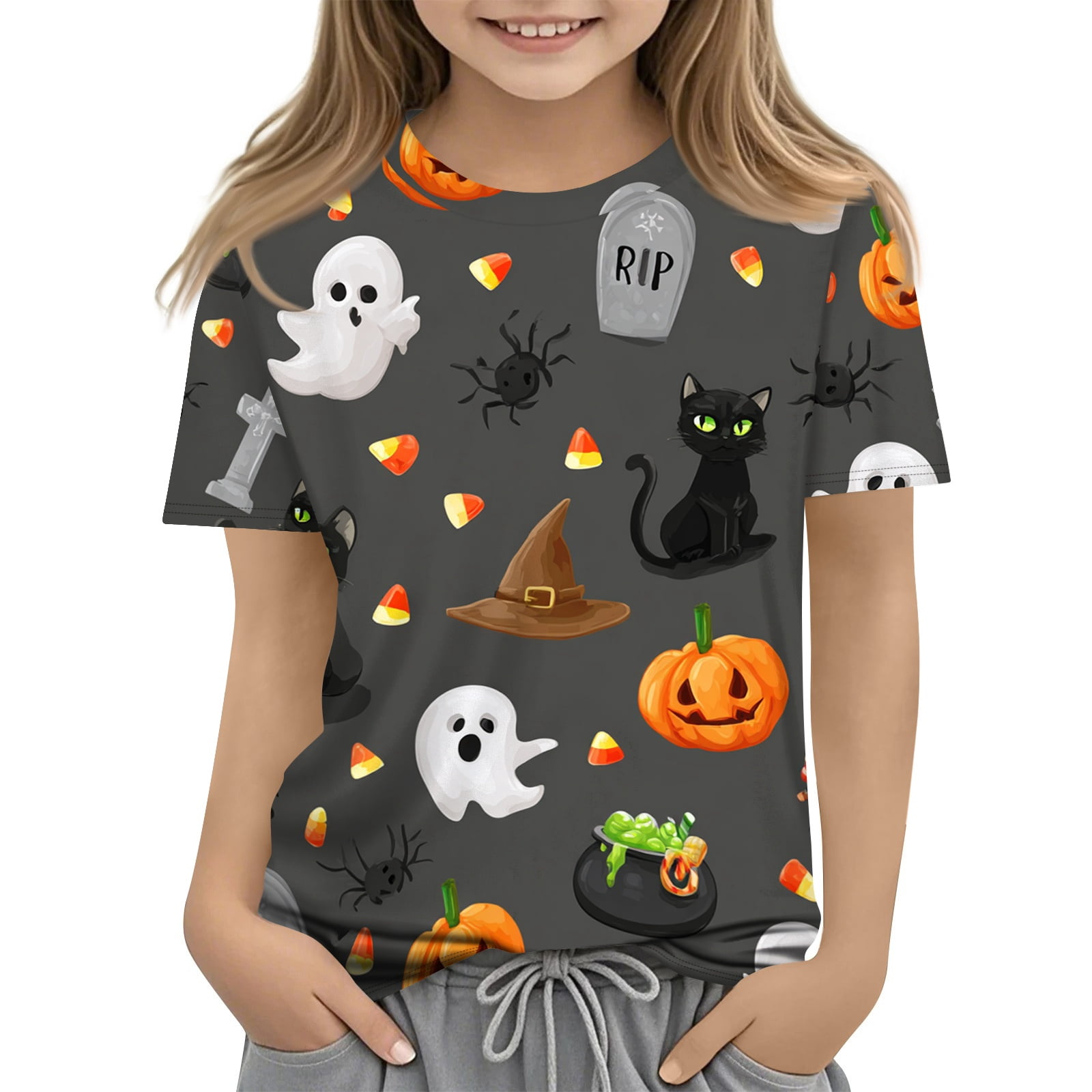 Abcomgle Girls Halloween T-Shirt Spooky Witch Hat Black Cat Pumpkin ...