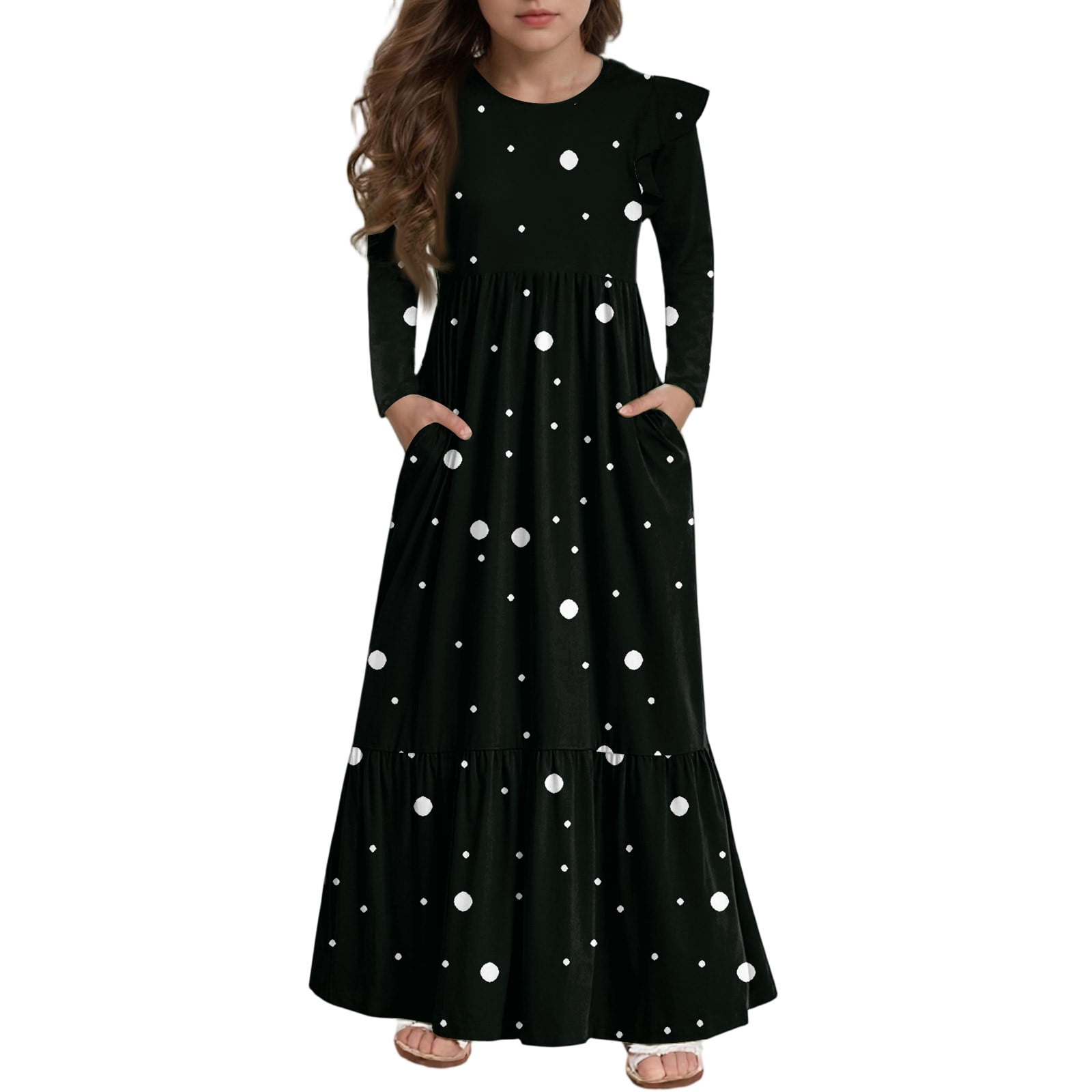 Abcomgle Girls Long Dresses 10-12 Casual A-Line Ruffle Long Sleeve Maxi ...