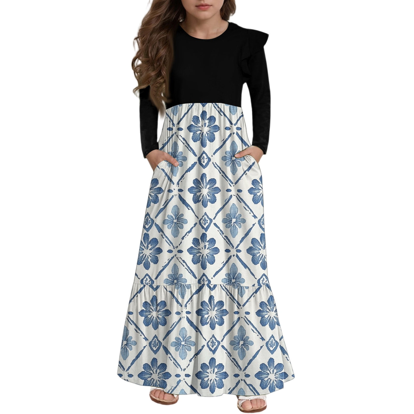 Abcomgle Girls Long Dresses 10-12 Casual Patchwork Ruffle Long Sleeve ...