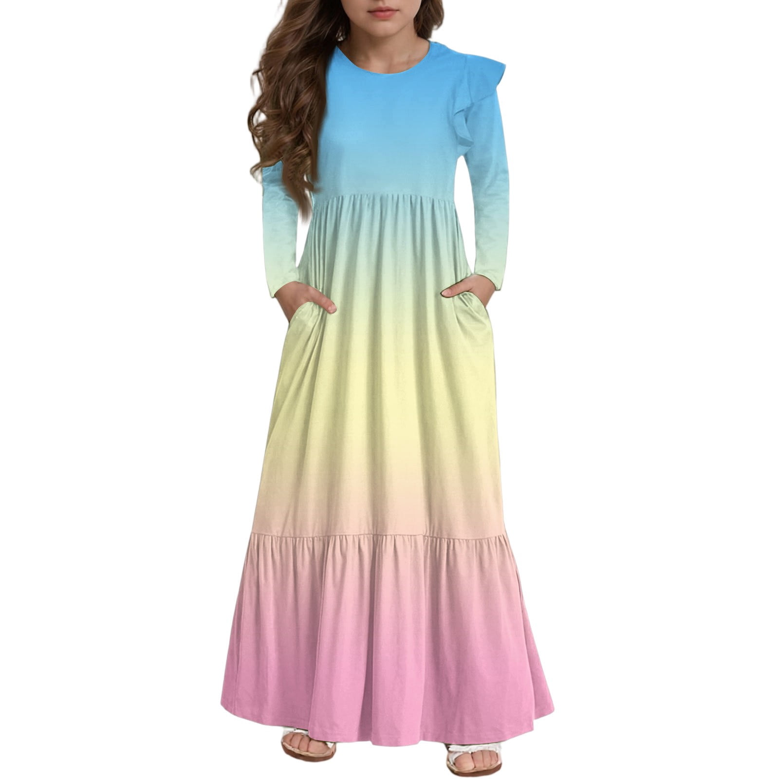 Abcomgle Girls Long Dresses Size 14-16 Casual A-Line Ruffle Long Sleeve ...