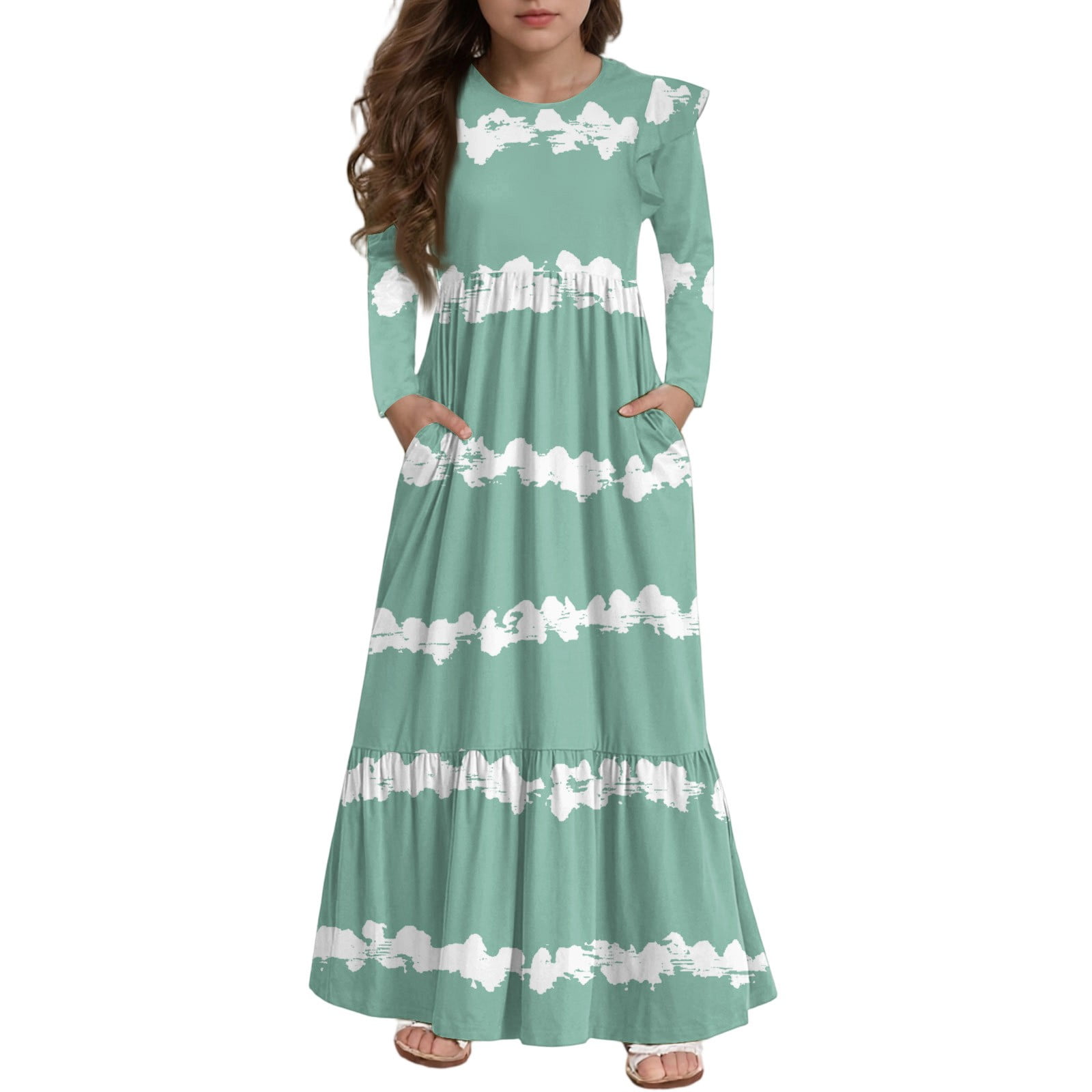 Abcomgle Girls Long Dresses Size 14-16 Casual A-Line Ruffle Long Sleeve ...