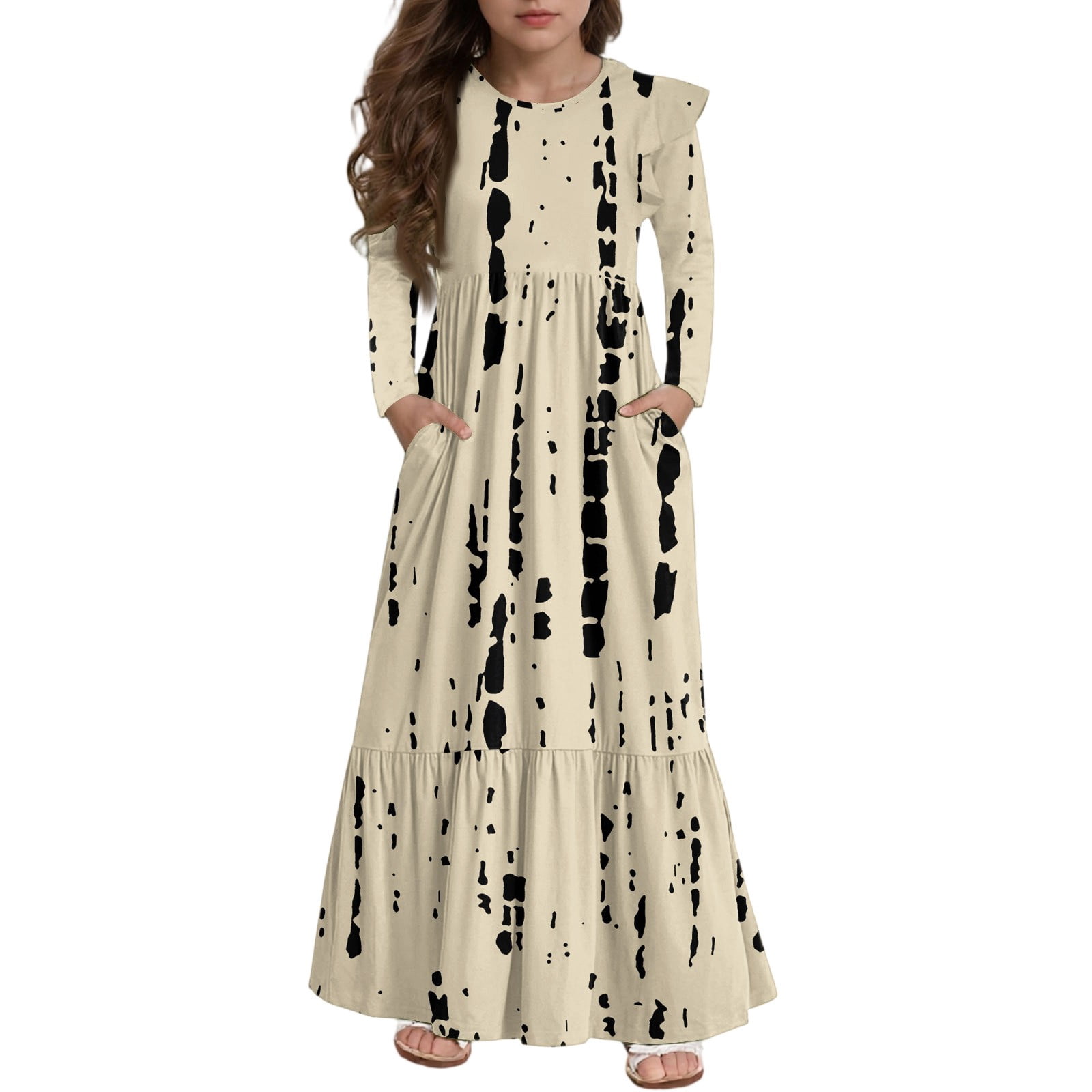 Abcomgle Girls Long Dresses Size 14-16 Casual A-Line Ruffle Long Sleeve ...