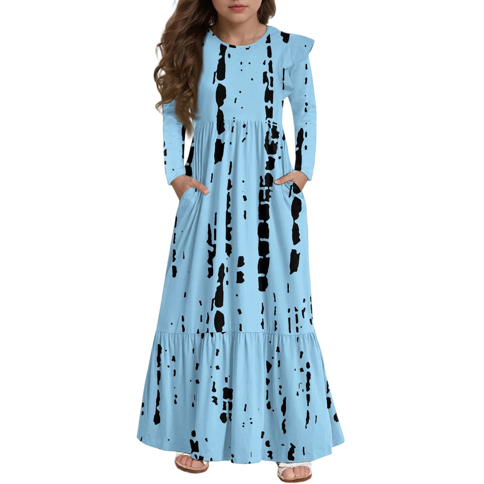 Abcomgle Girls Long Dresses Size 14-16 Casual A-Line Ruffle Long Sleeve ...