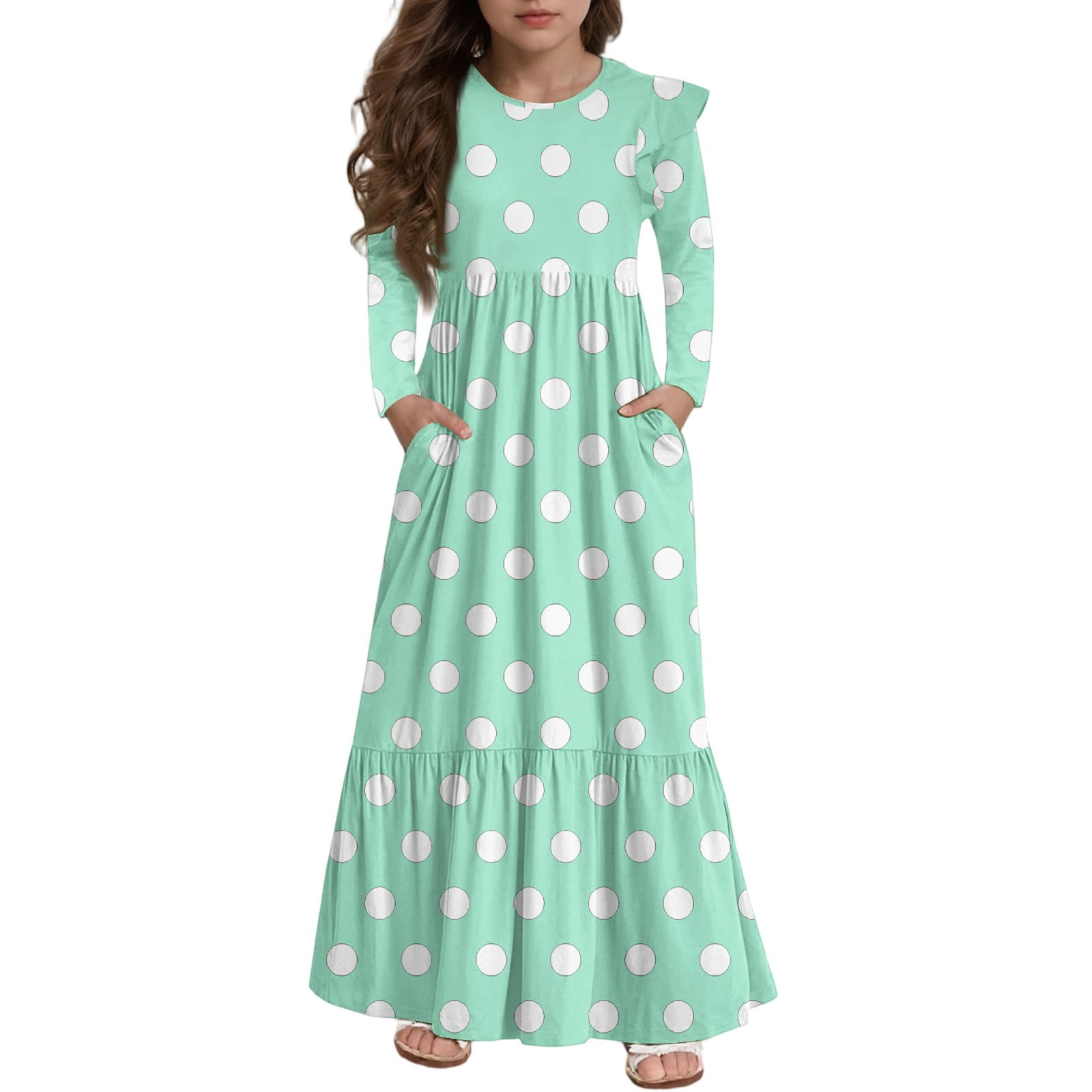 Abcomgle Girls Long Dresses Size 7-8 Casual A-Line Ruffle Long Sleeve ...